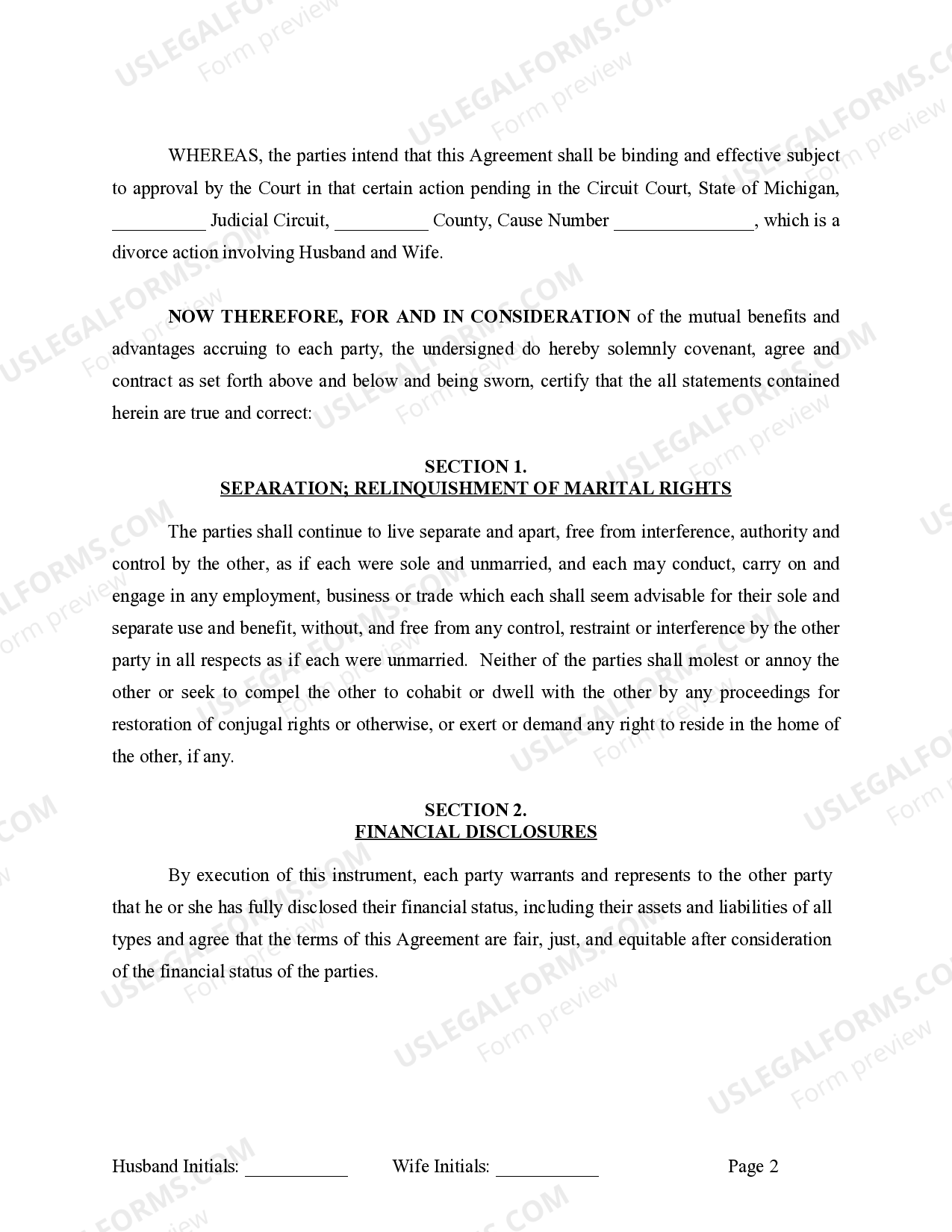 Michigan Marital Domestic Separation and Property Settlement Agreement ...