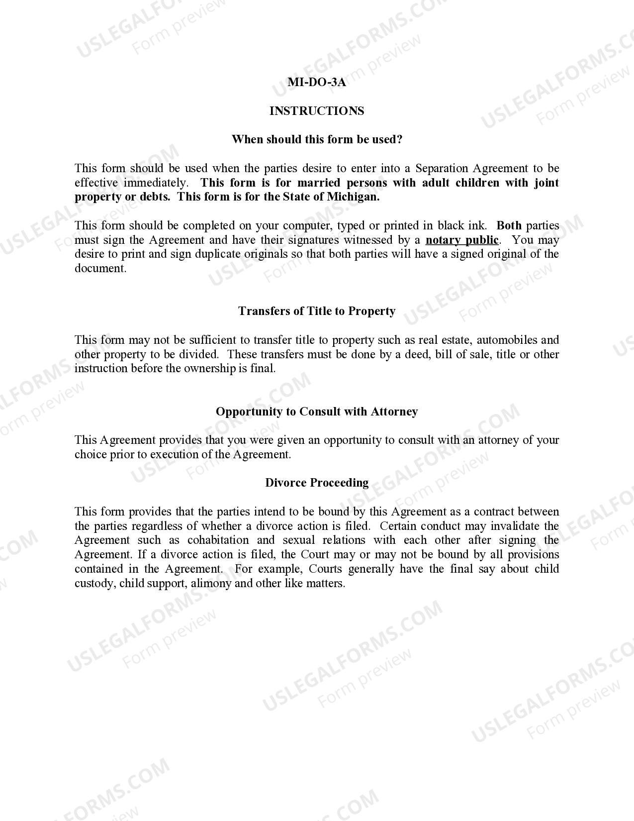 Michigan Marital Domestic Separation and Property Settlement Agreement ...