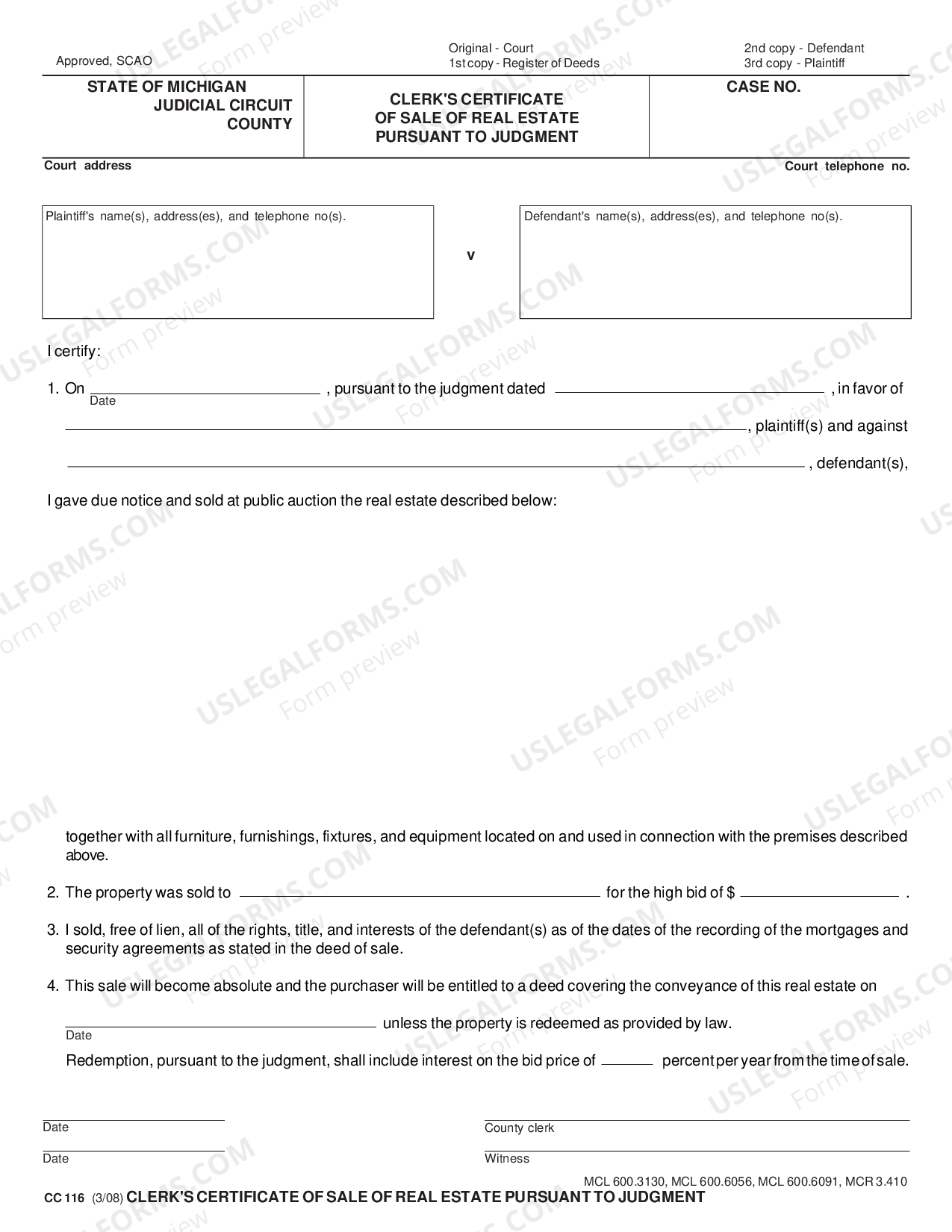 Michigan Clerk's Certificate Of Sale Of Real Estate Pursuant To ...