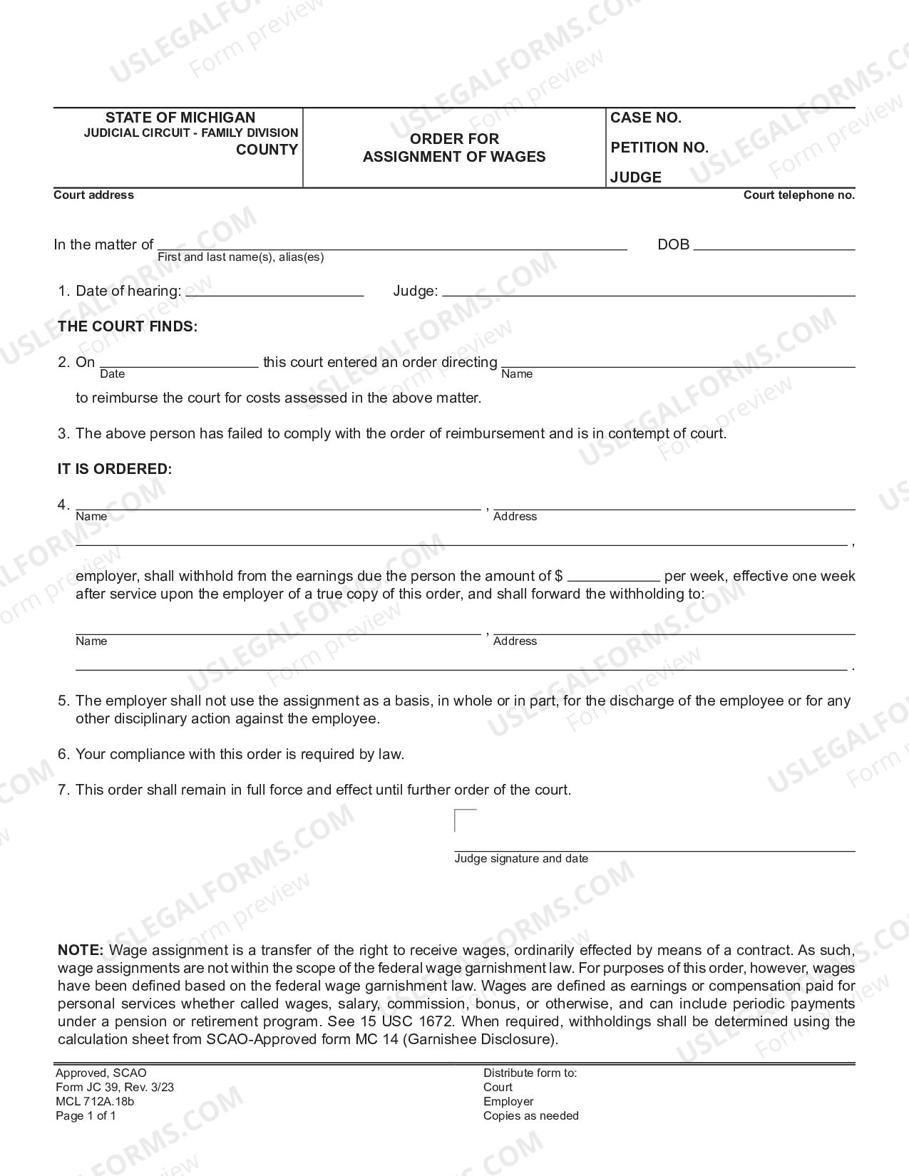 Michigan Order for Assignment of Wages - Wage Assignment Michigan | US ...