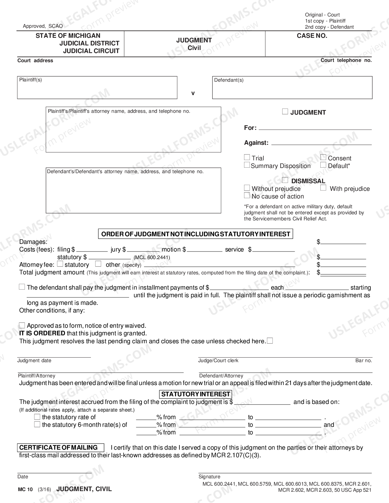 Michigan Judgment - Civil | US Legal Forms