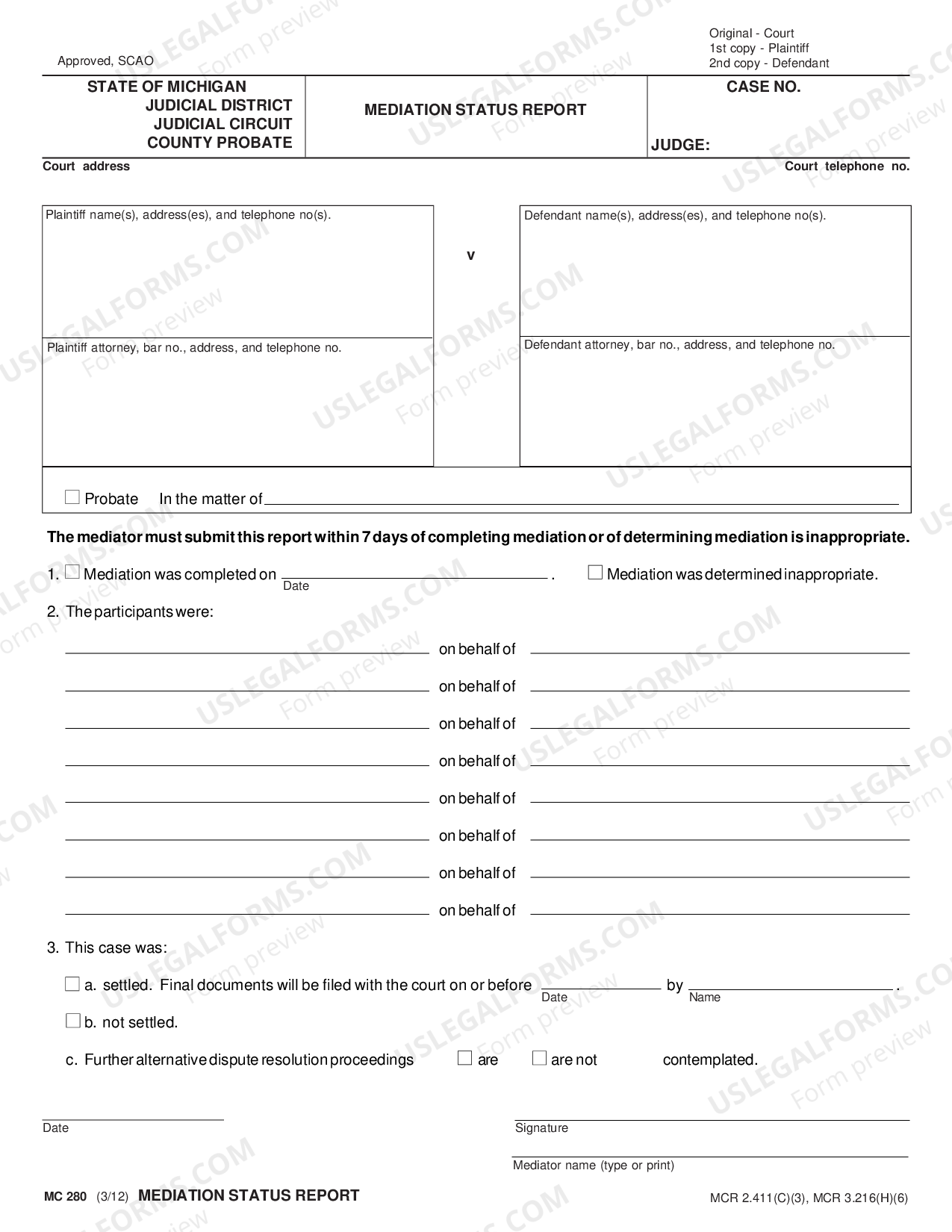 Michigan Mediation Status Report | US Legal Forms
