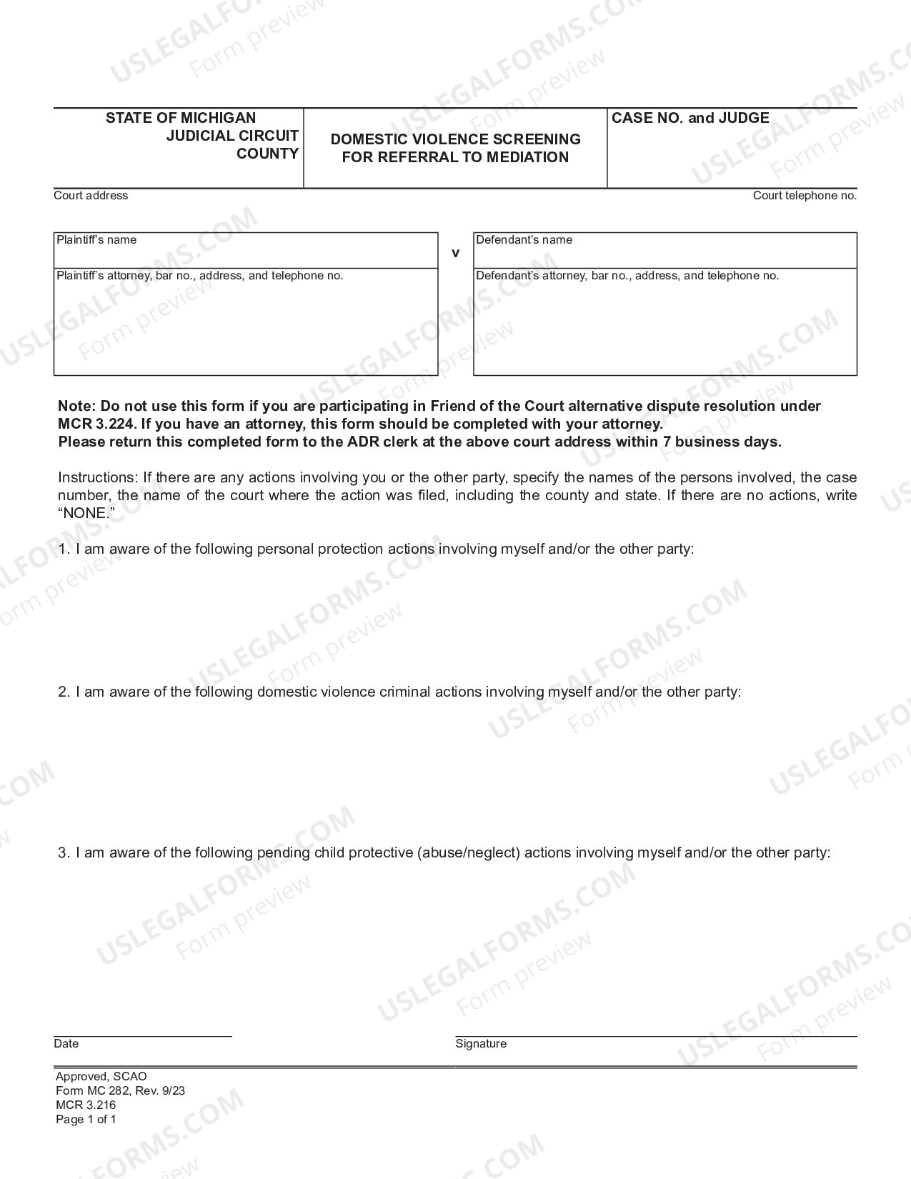 Michigan Domestic Violence Screening for Referral to Mediation | US ...