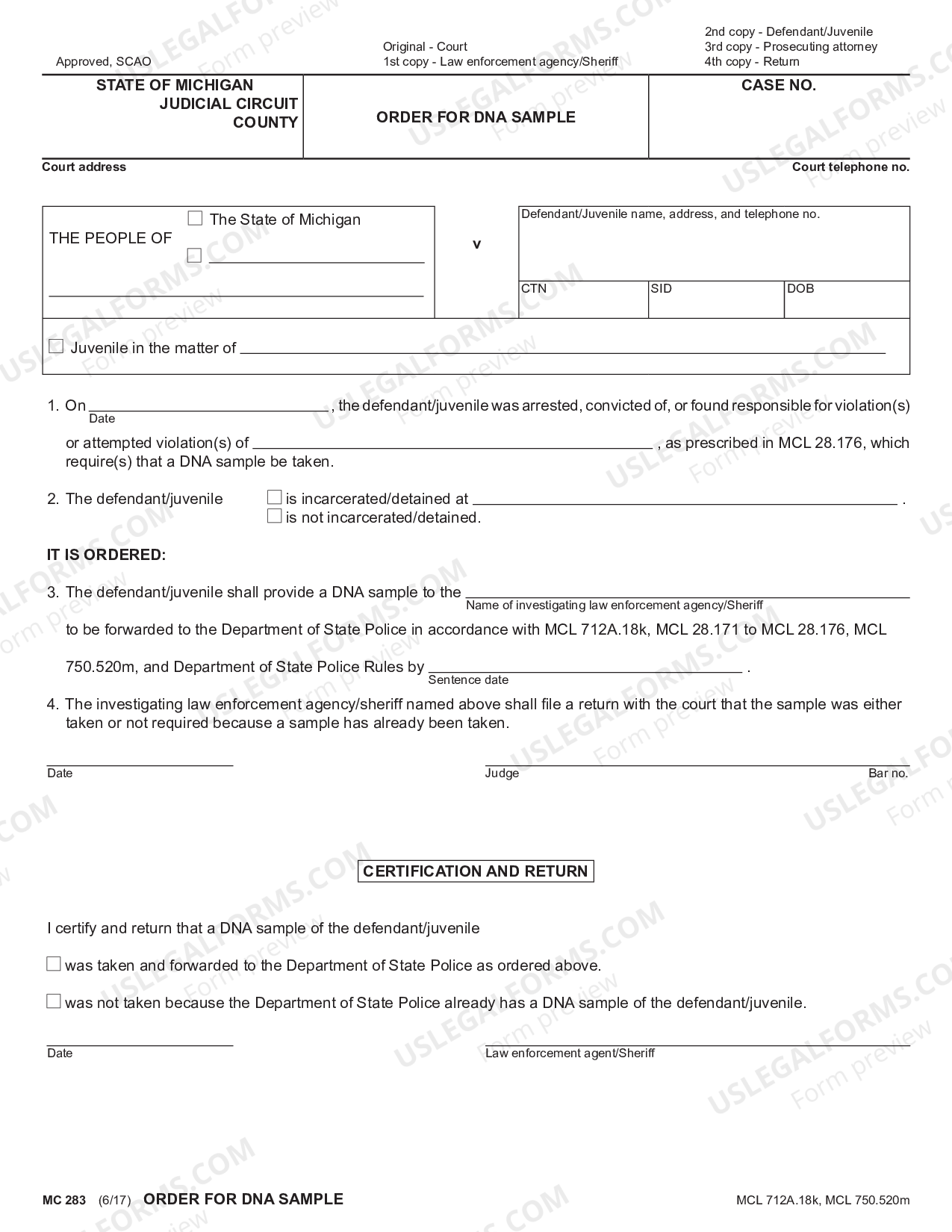 Michigan Order for DNA Sample | US Legal Forms