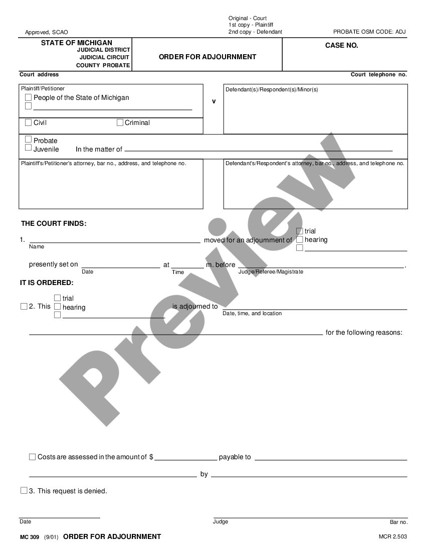 Michigan Order For Adjournment Motion For Adjournment Michigan Us