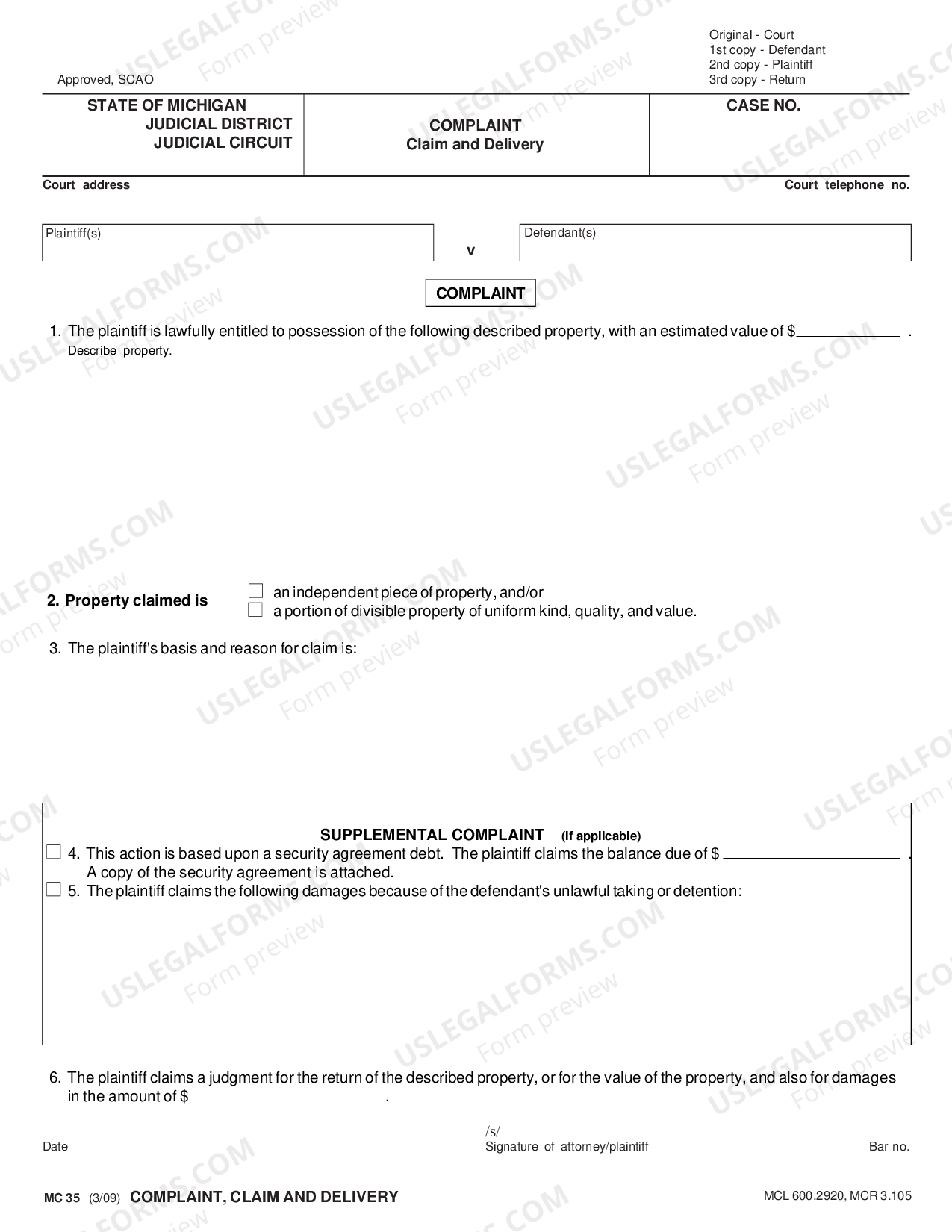 Michigan Complaint - Claim and Delivery - Claim And Delivery Michigan ...