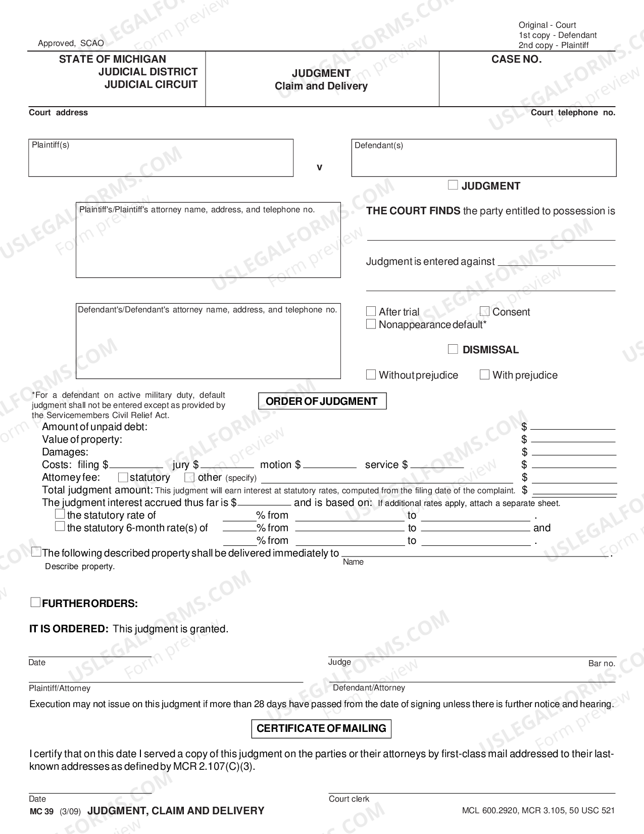 Michigan Judgment, Claim and Delivery - Claim And Delivery Michigan ...