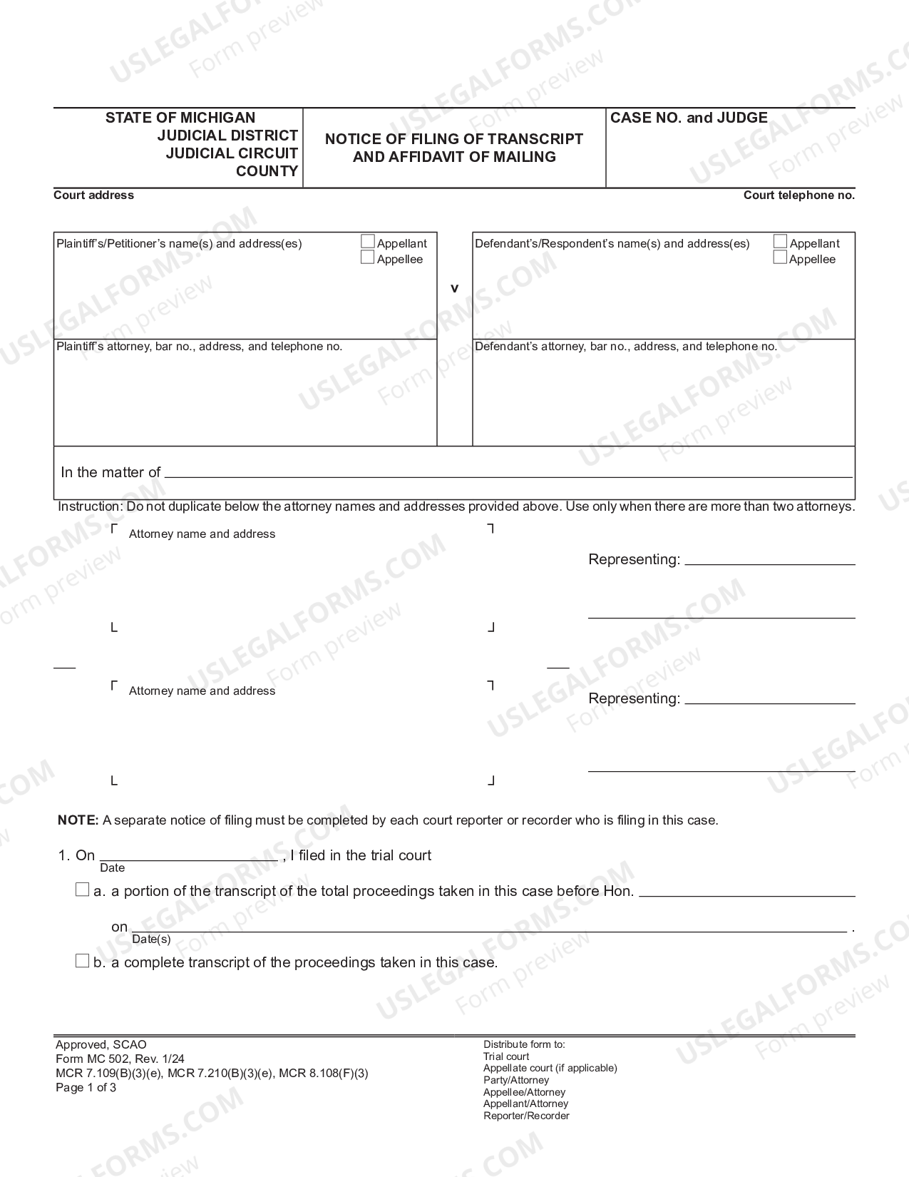 Michigan Notice of Filing of Transcript and Affidavit of Mailing | US ...