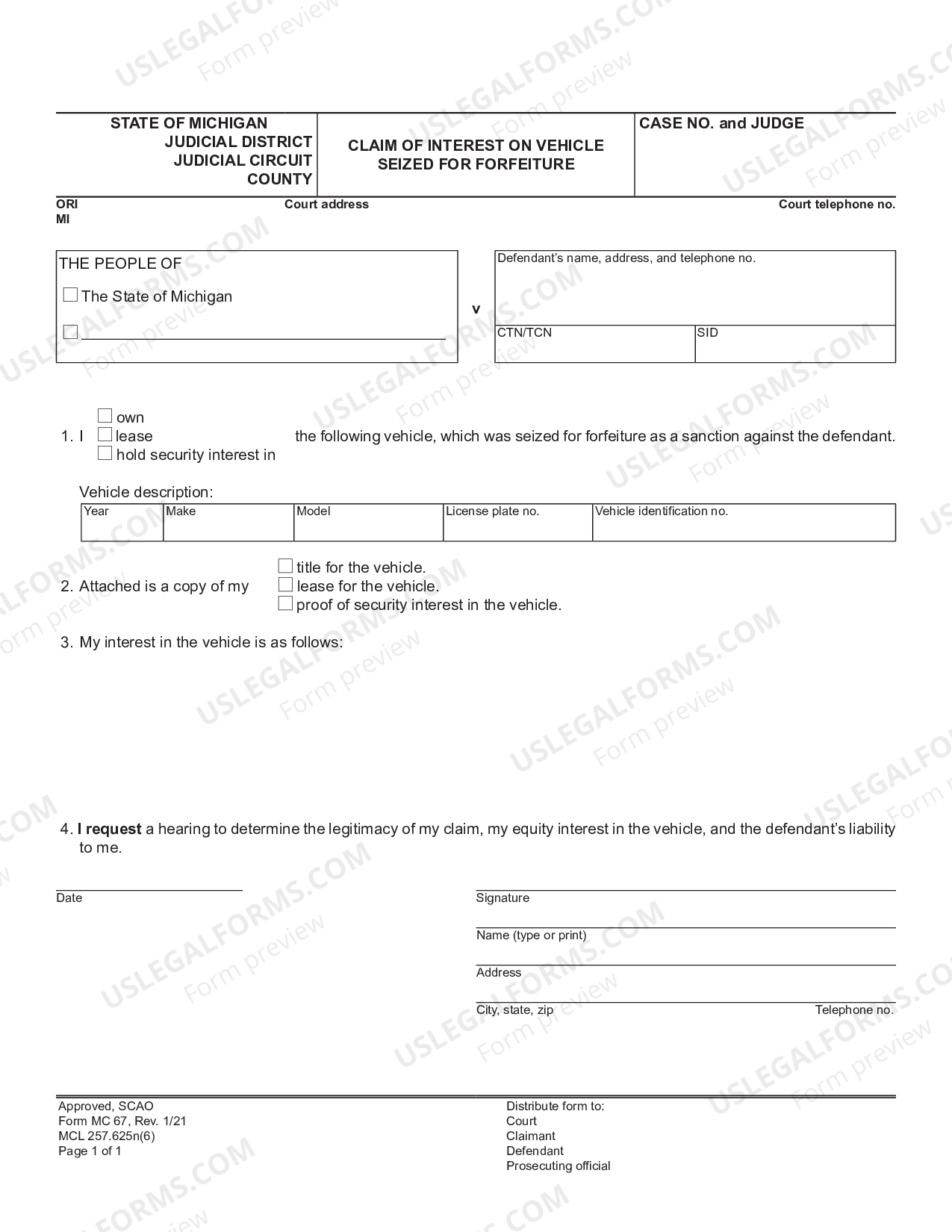 Michigan Claim of Interest on Vehicle Seized for Forfeiture | US Legal ...