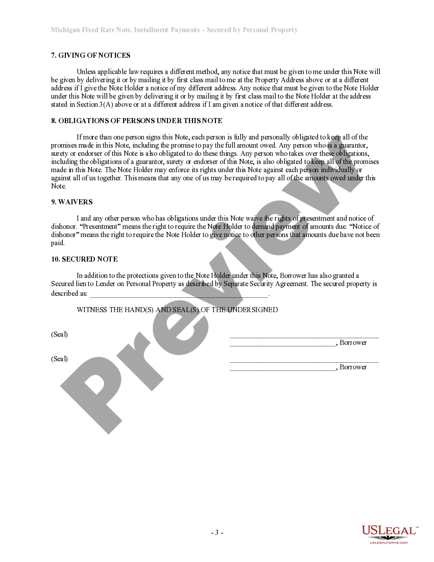 Michigan Installments Fixed Rate Promissory Note Secured By Personal Property US Legal Forms