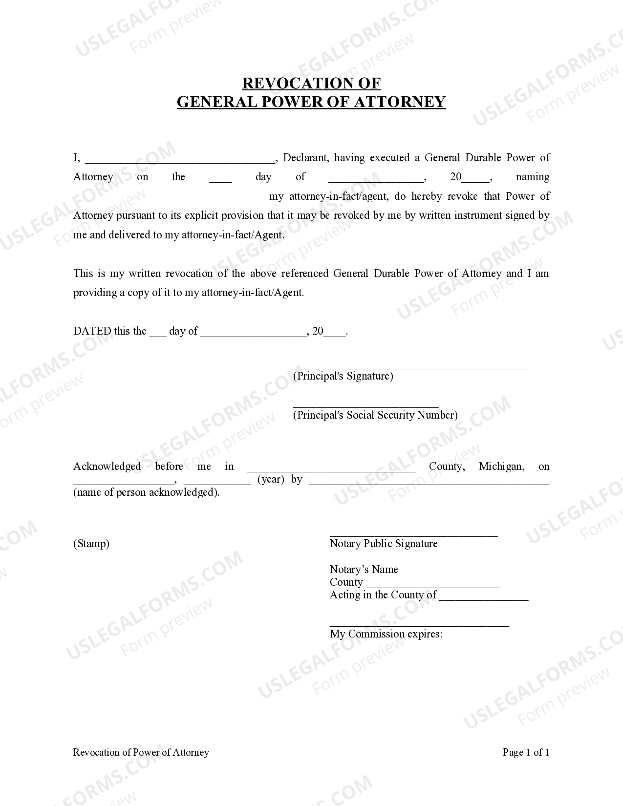 Michigan Revocation of General Durable Power of Attorney - General ...
