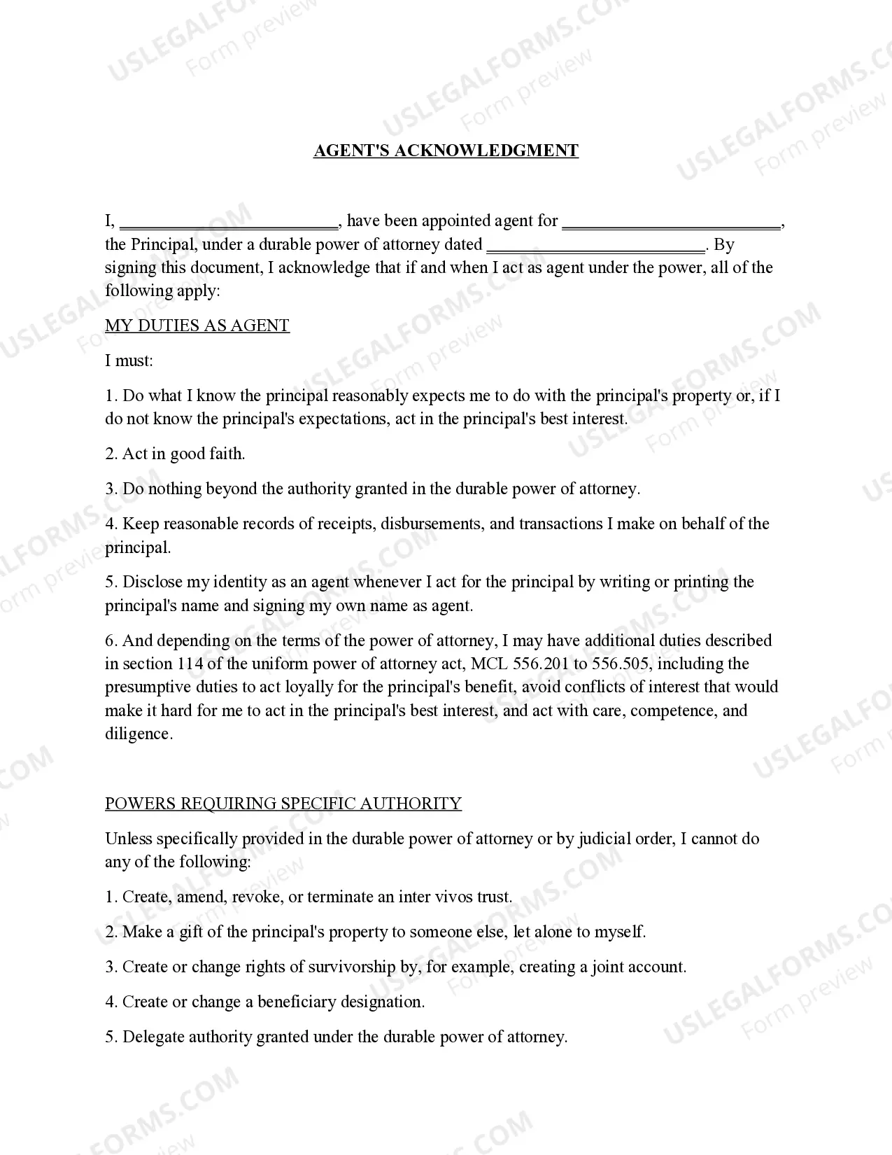 Michigan Agent's Acknowledgment of Durable Power of Attorney | US Legal ...