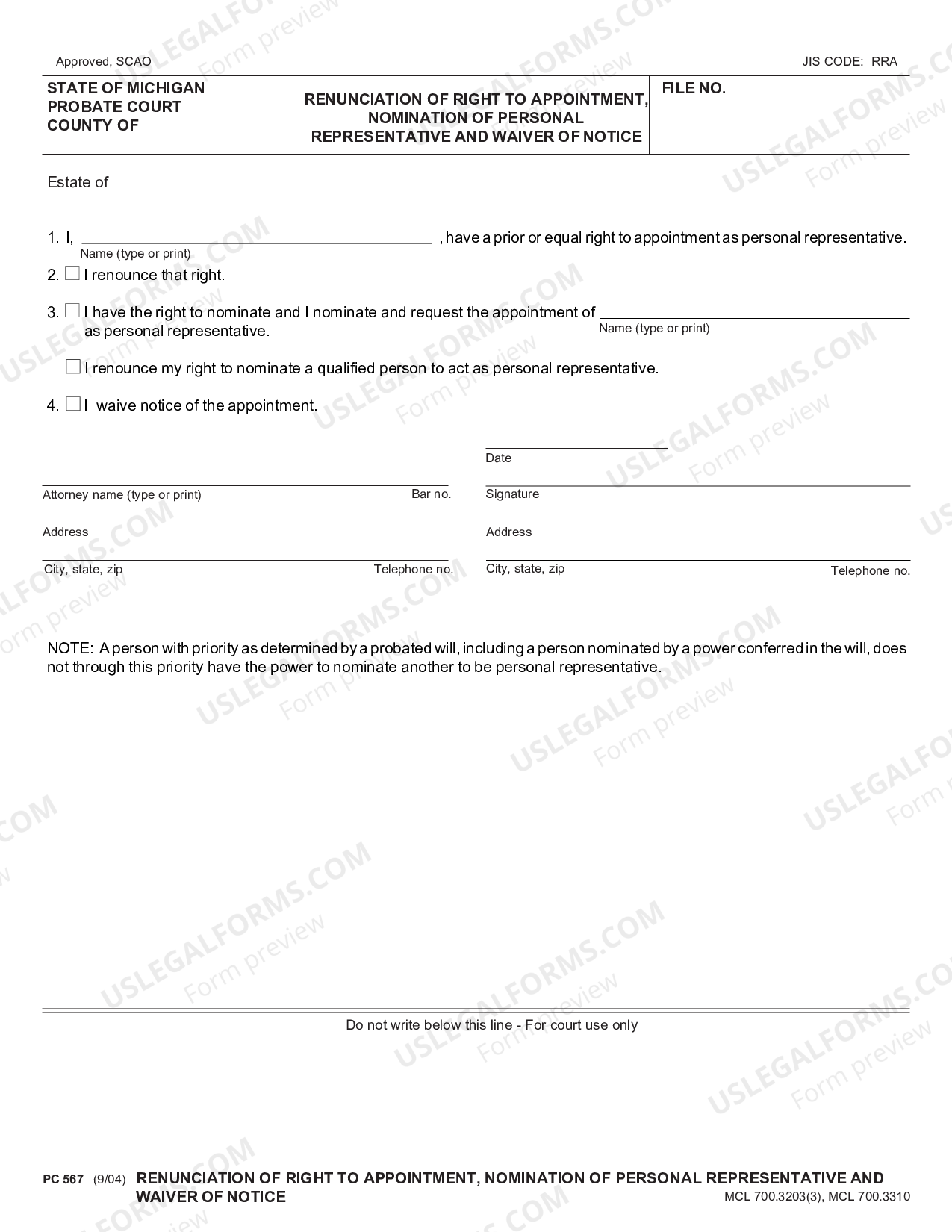 Michigan Renunciation of Right to Appointment - Renunciation Of Right ...