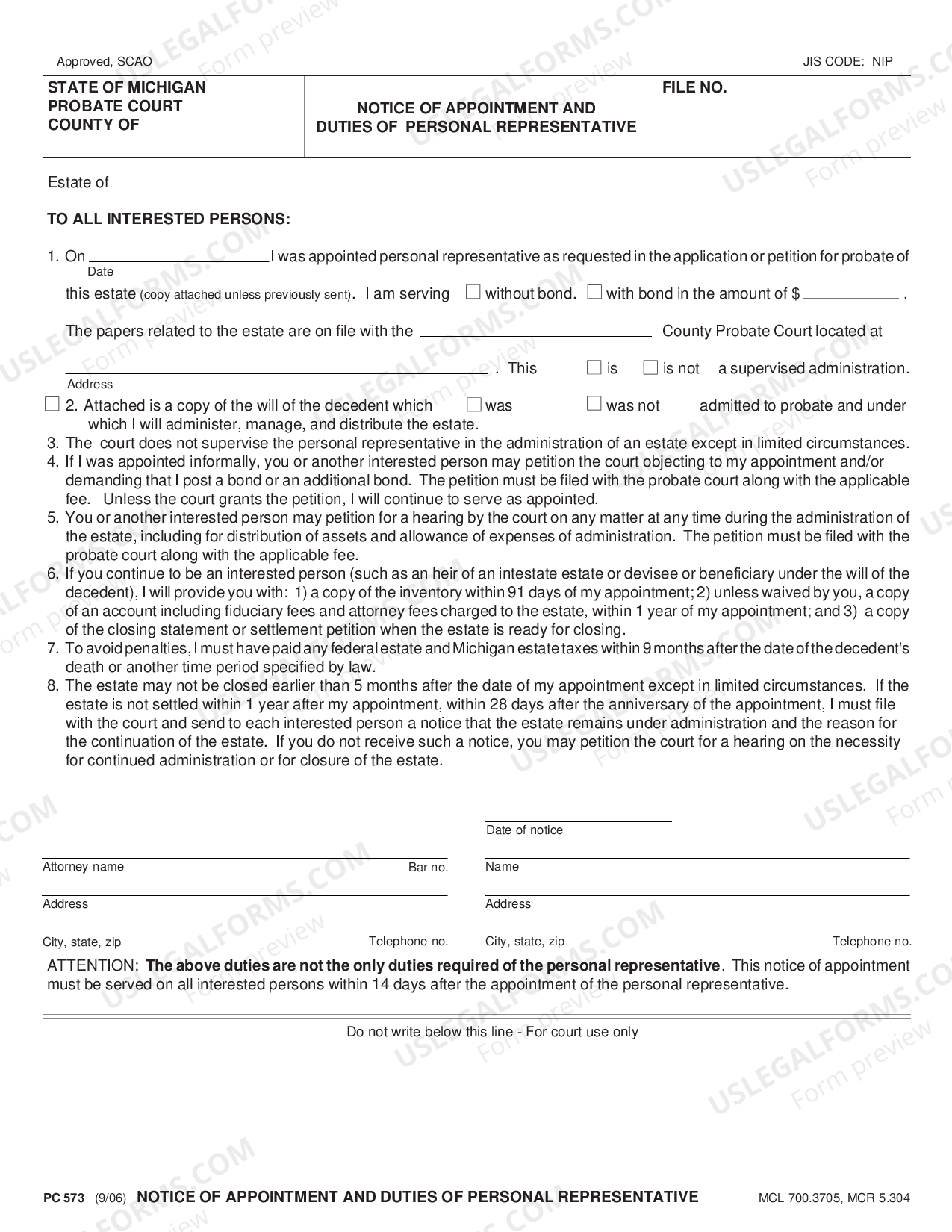 Michigan Notice of Appointment and Duties of Personal Representative ...