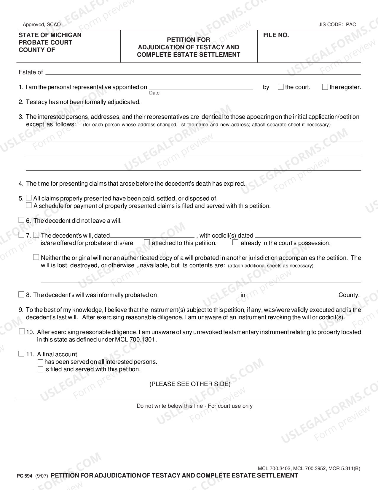 Michigan Petition for Adjudication of Testacy and Complete Estate ...