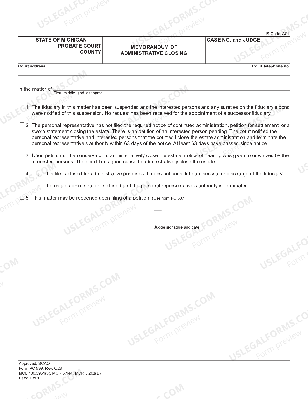 Michigan Memorandum of Administrative Closing - Closing Memorandum | US ...