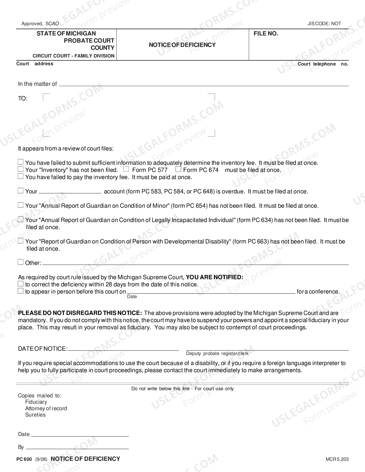 Michigan Notice of Deficiency | US Legal Forms