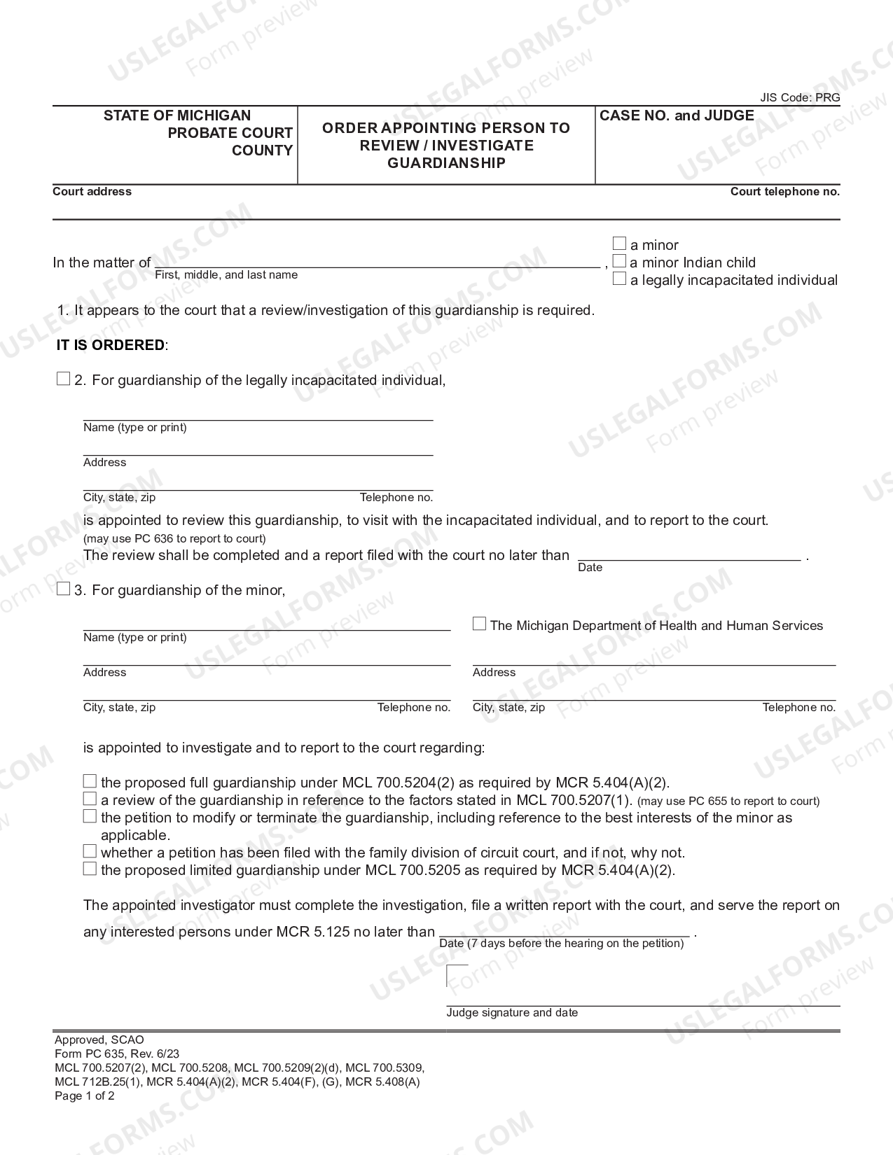 Michigan Order Appointing Person to Review - Investigate Guardianship ...