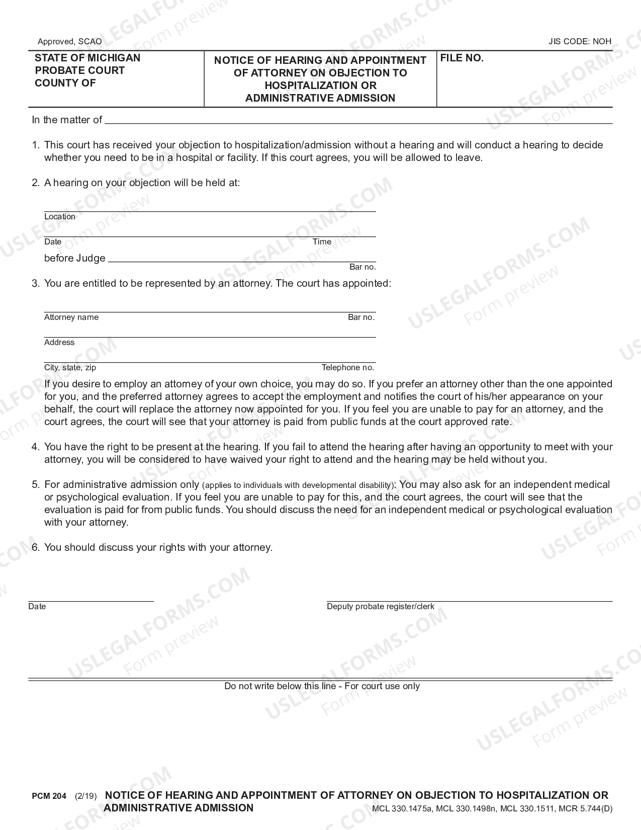 Michigan Notice of Hearing and Appointment of Attorney on Objection to ...