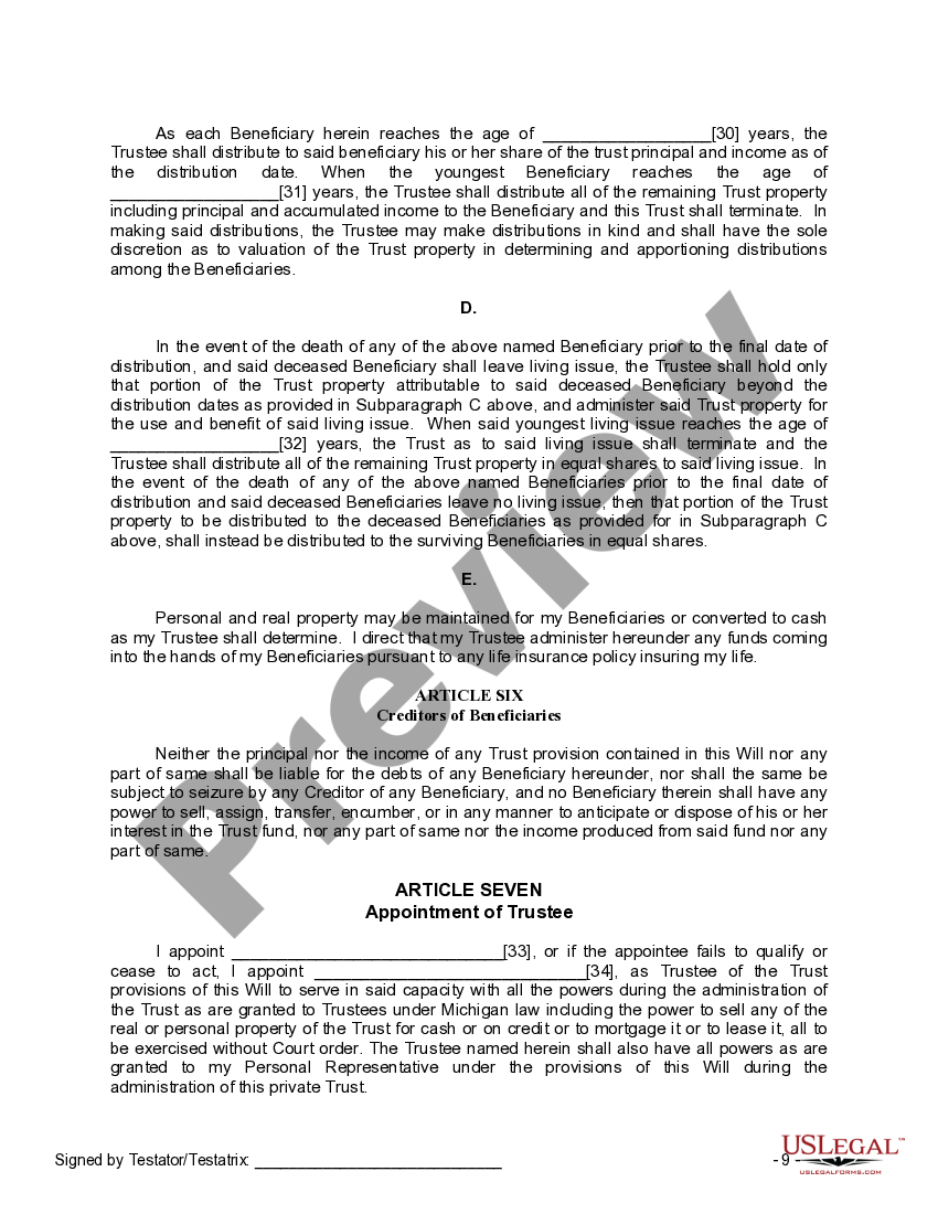 Michigan Legal Last Will And Testament Form For Single Person With 