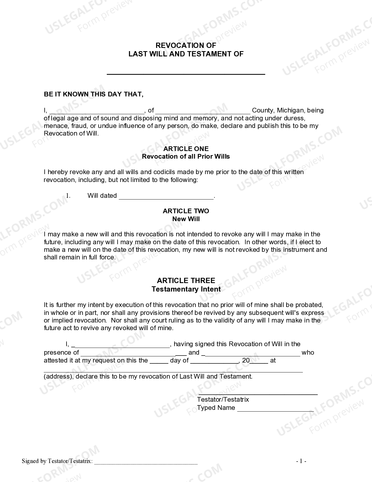 Michigan Written Revocation of Will | US Legal Forms