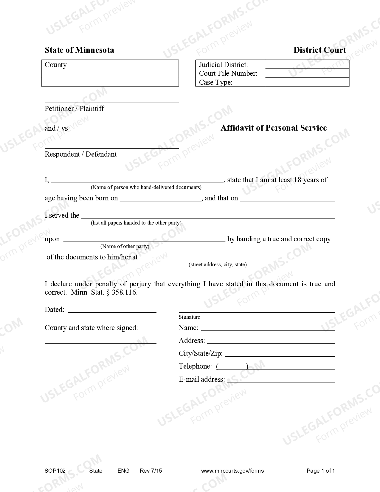 Minnesota Affidavit of Service - Affidavit Of Service Mn | US Legal Forms