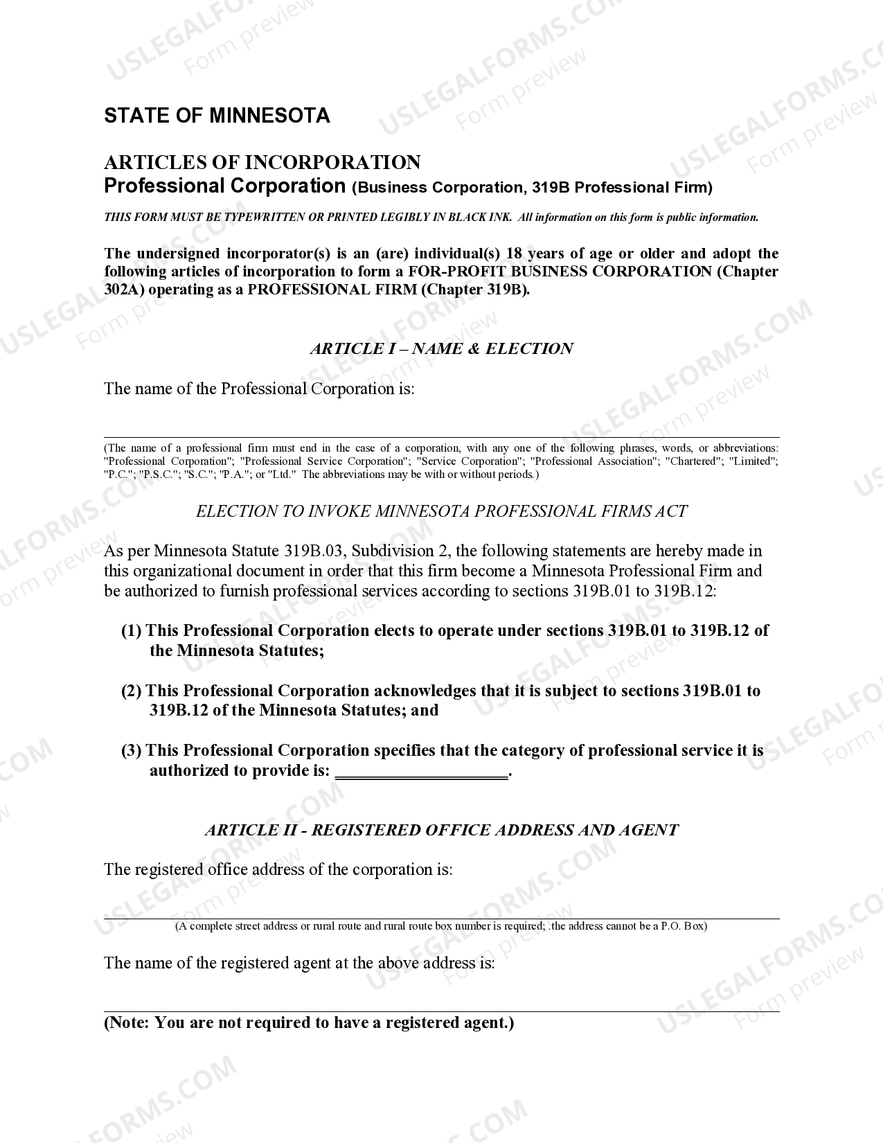 Minnesota Articles of Incorporation for Professional Corporation | US ...