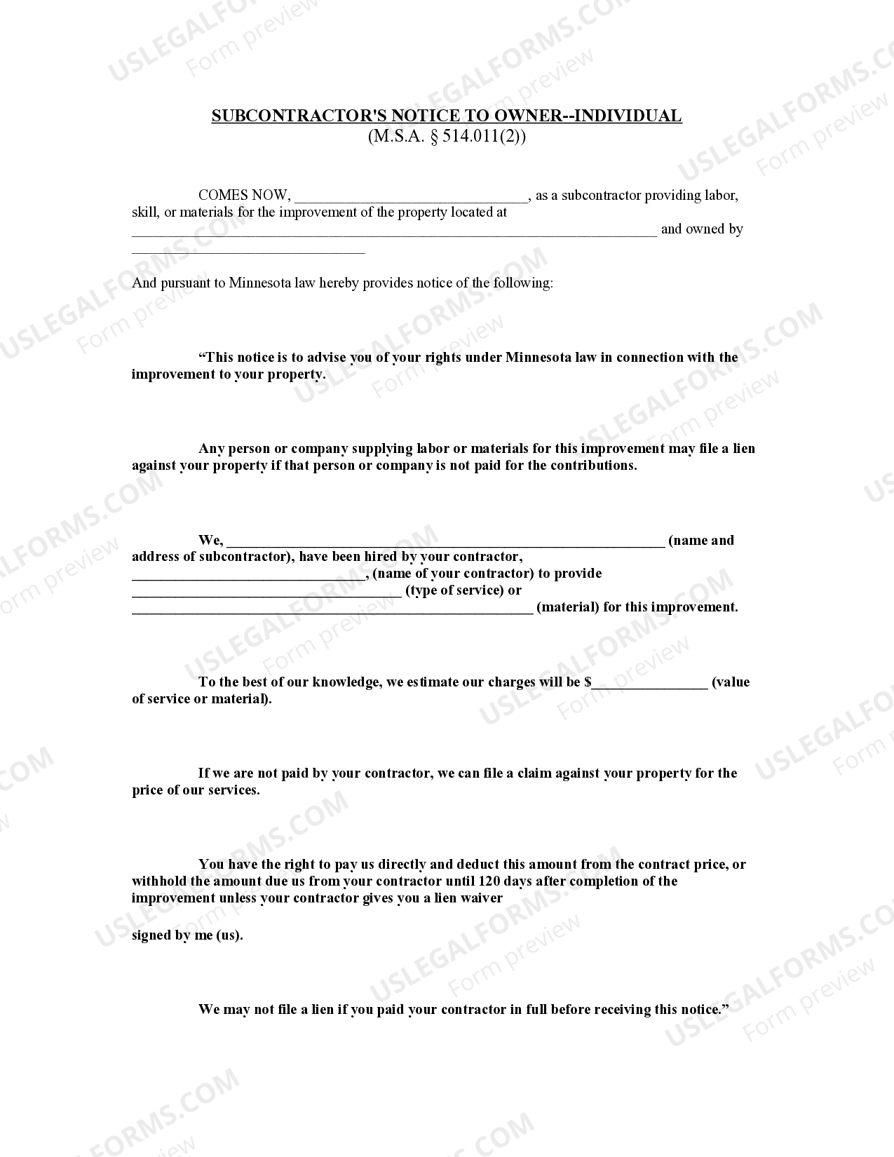 Minnesota Subcontractor's Notice to Owner - Individual | US Legal Forms