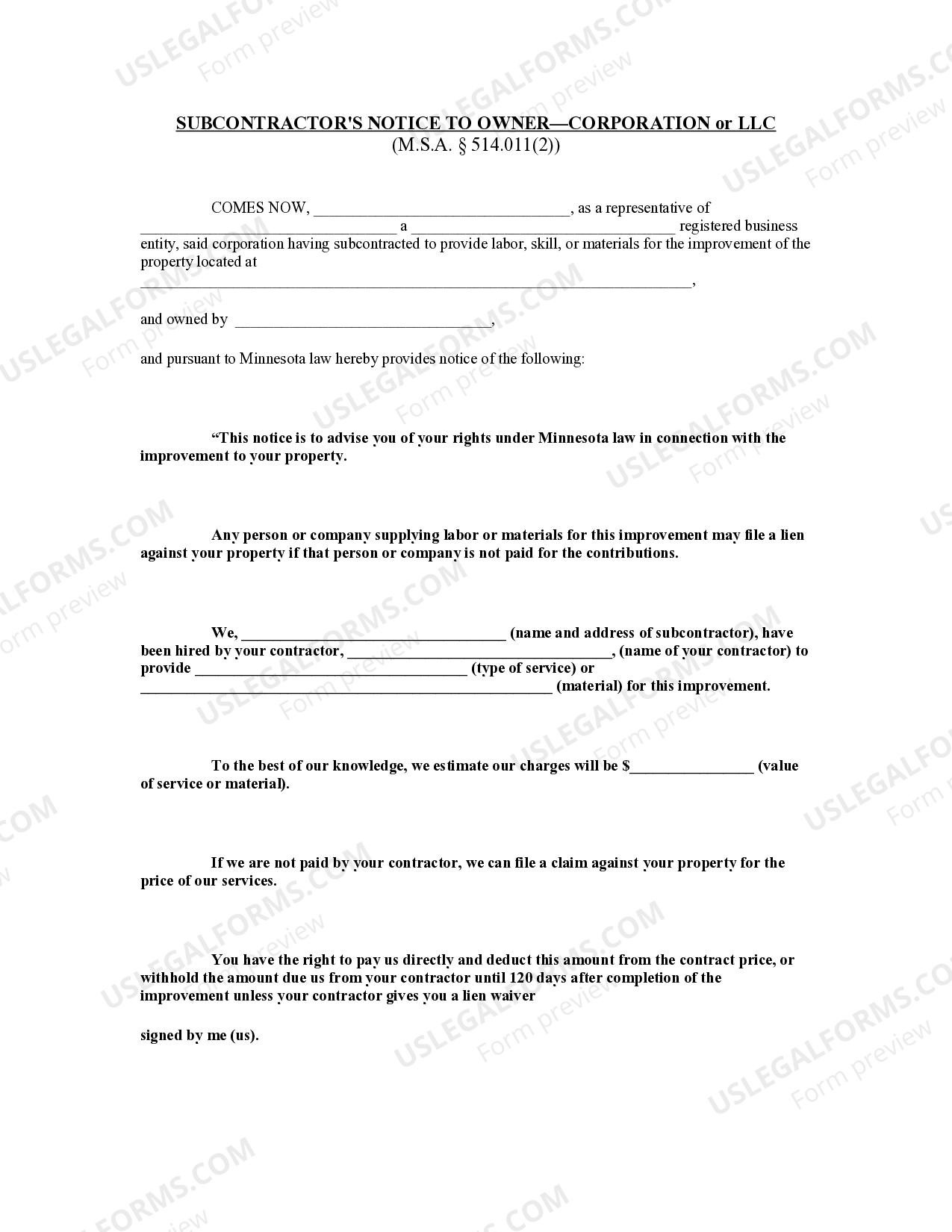 Minnesota Subcontractor's Notice to Owner - Limited Liability Company ...