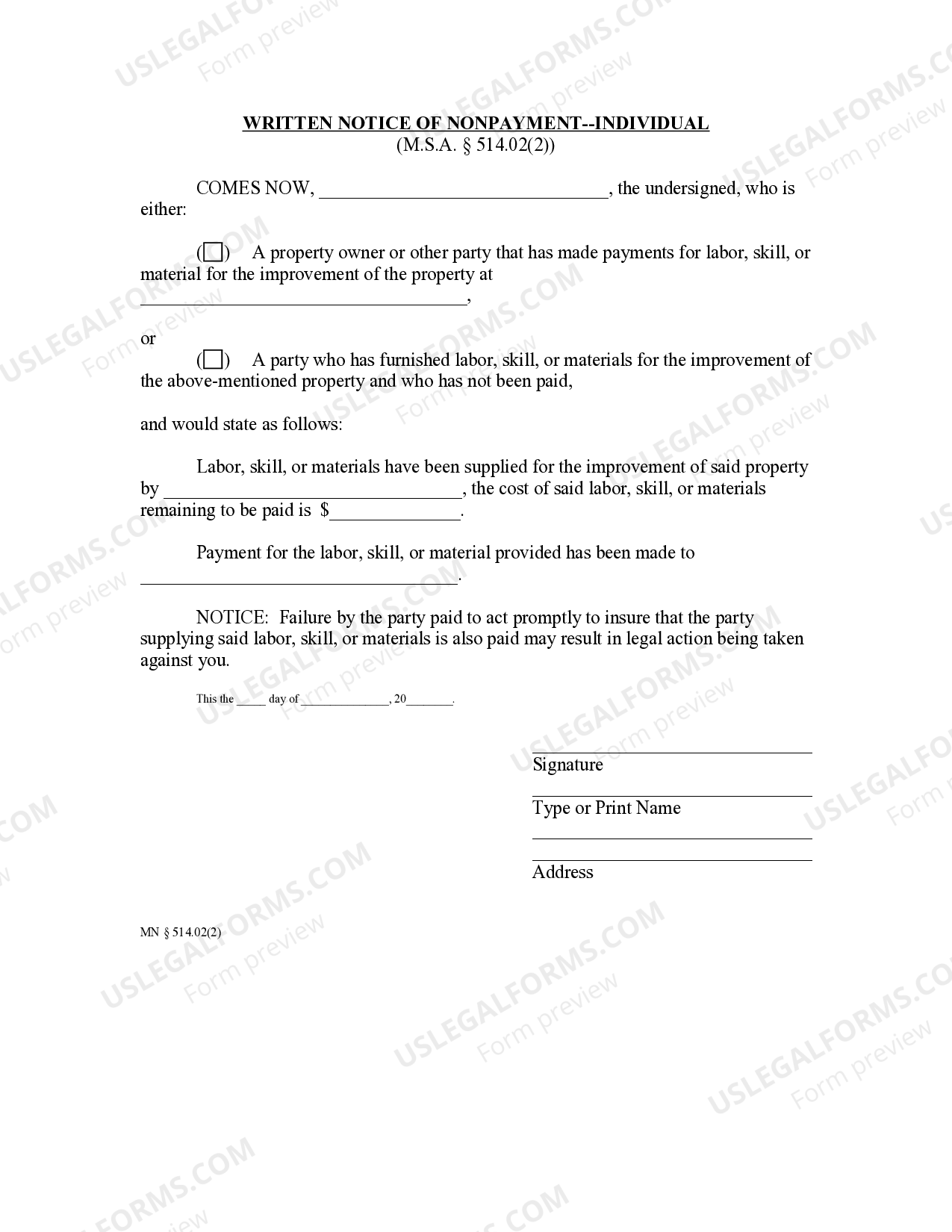 Minnesota Written Notice of Nonpayment - Individual - Minnesota Notice ...