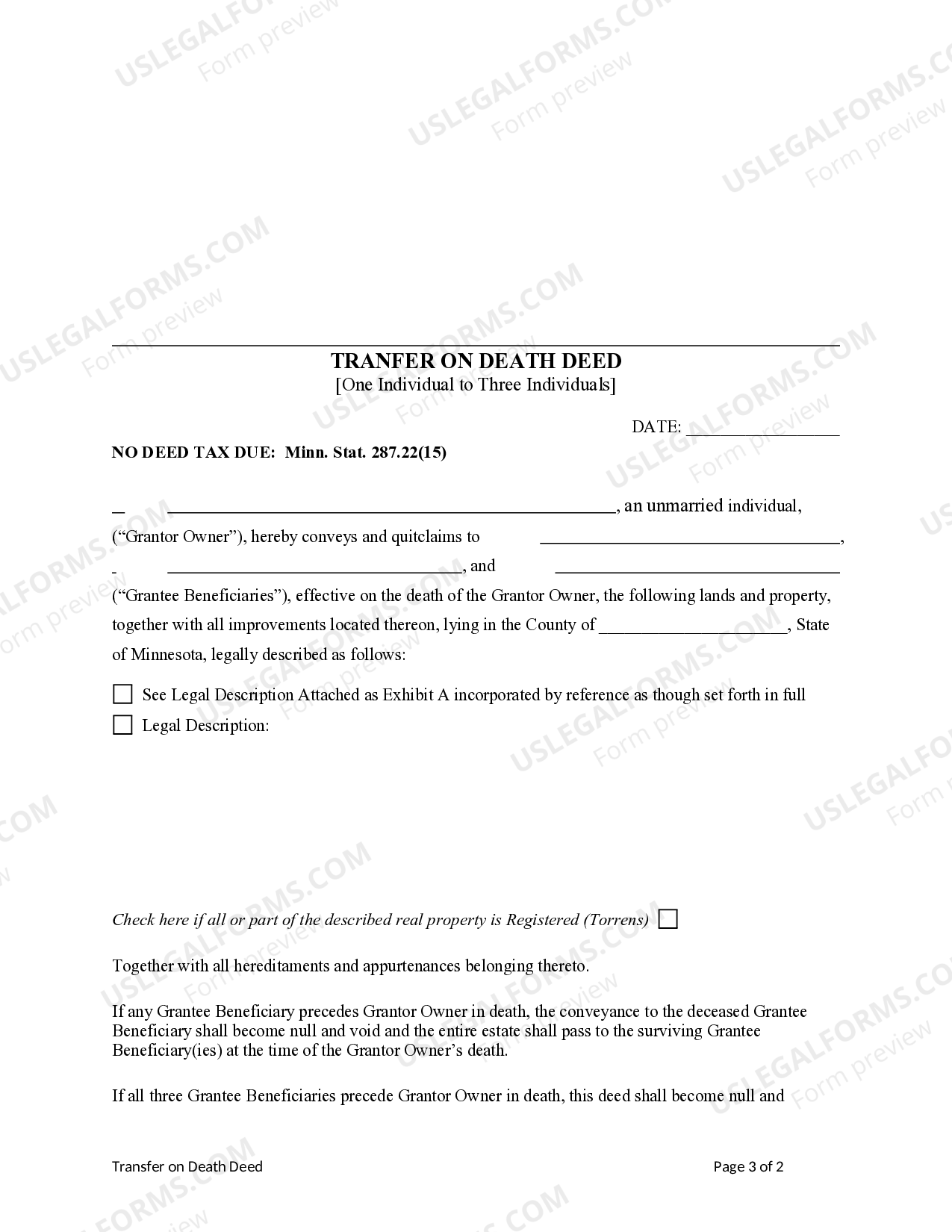 Minnesota Transfer on Death Deed - One Individual to Three Individuals ...