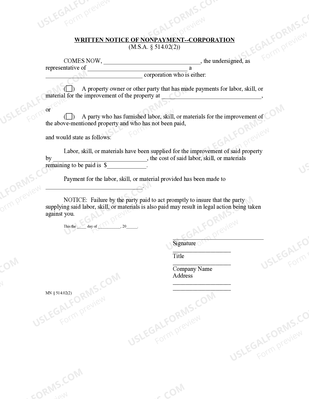 Minnesota Written Notice of Nonpayment - Corporation or LLC ...