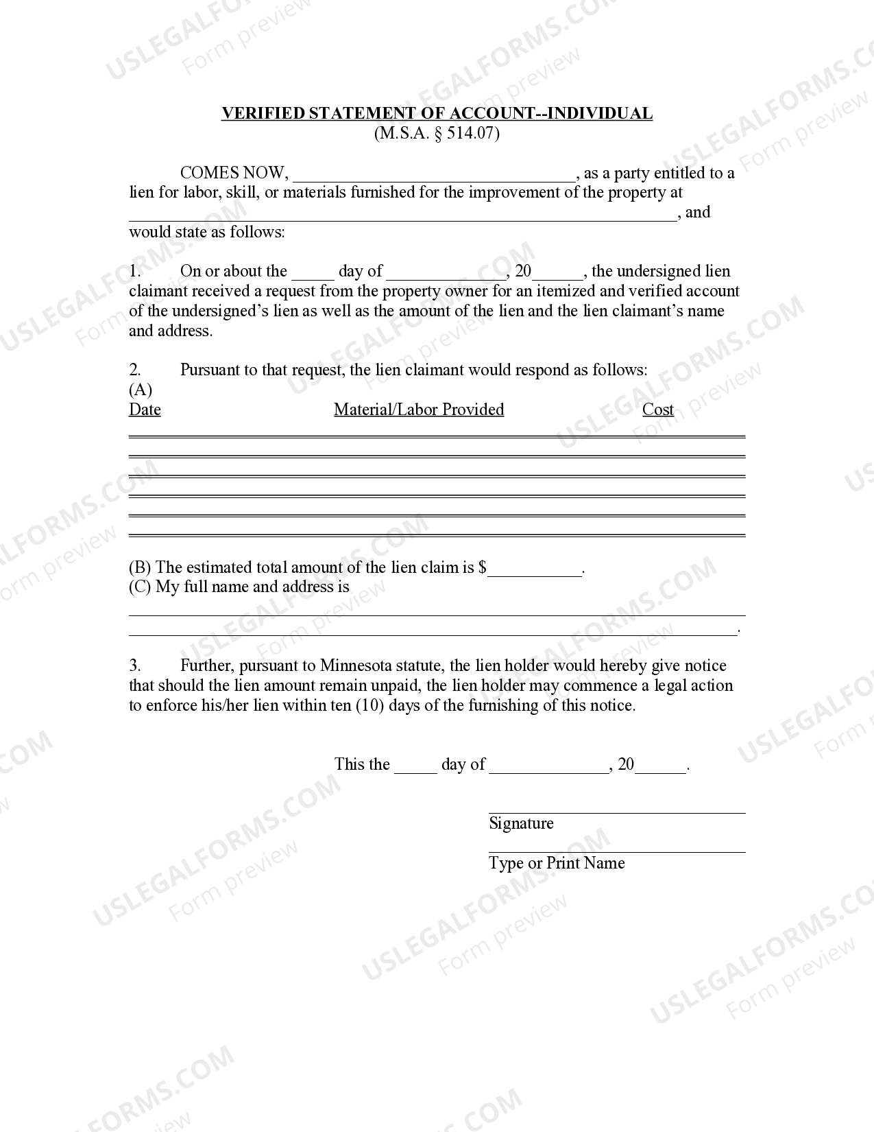 Minnesota Verified Statement of Account - Individual | US Legal Forms