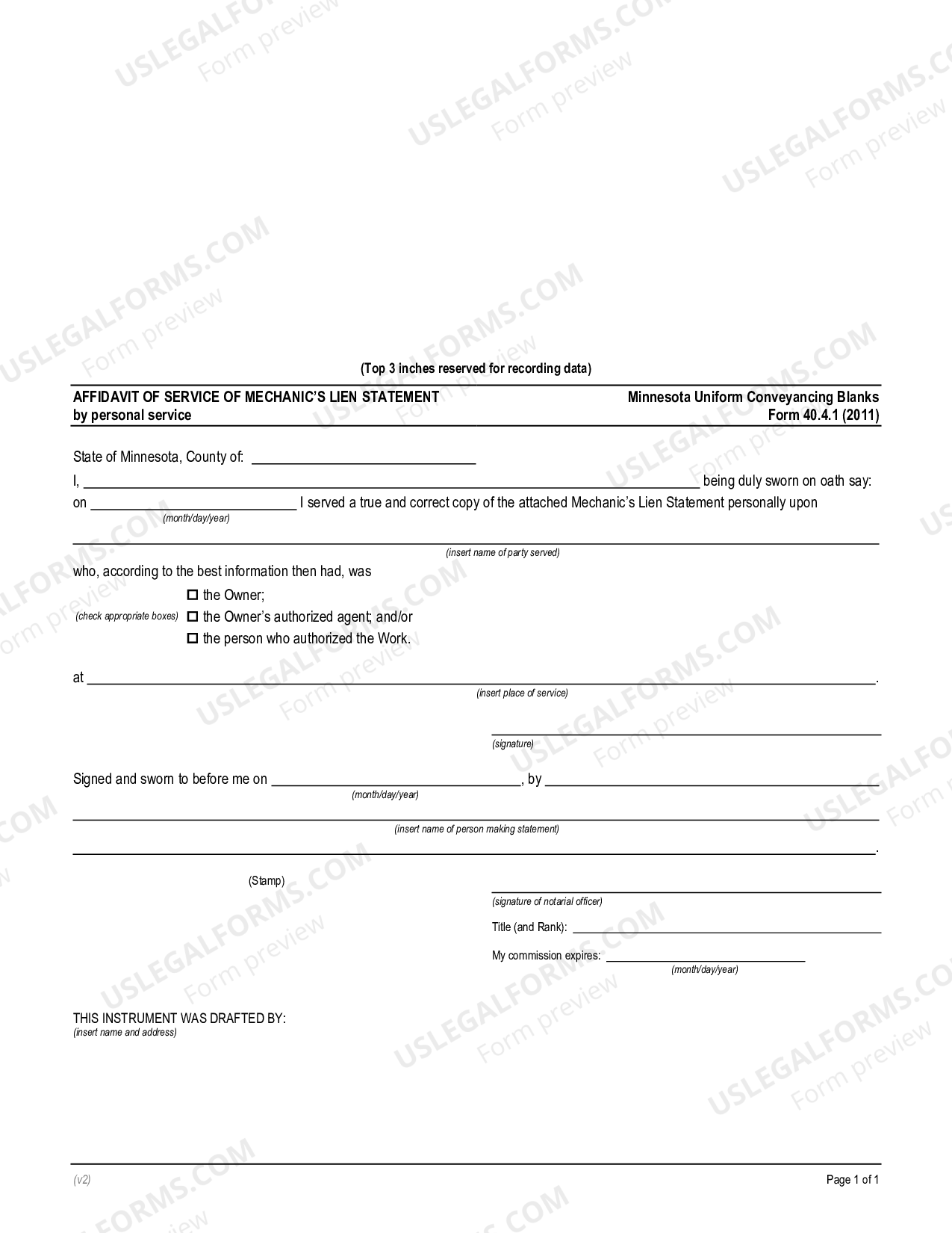 Minnesota Affidavit of Service of Mechanic's Lien Statement By Personal Service | US Legal Forms