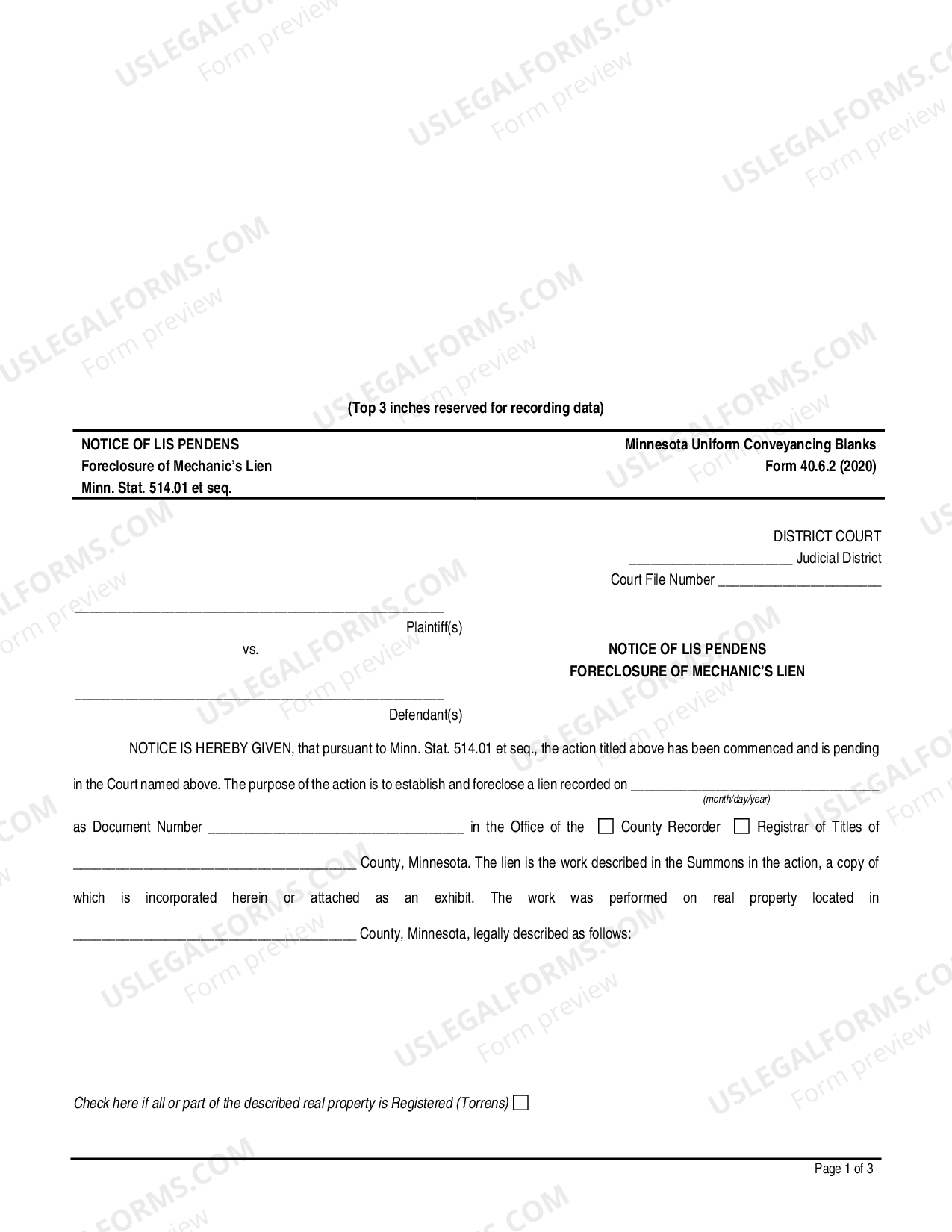 Minnesota Notice of Lis Pendens Foreclosure of Mechanic's Lien | US ...