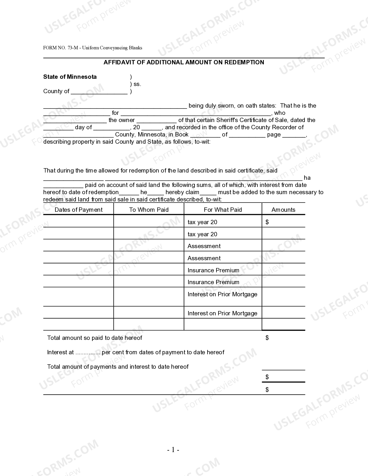Minnesota Affidavit of Additional Amount On Redemption - UCBC Form 60.5 ...
