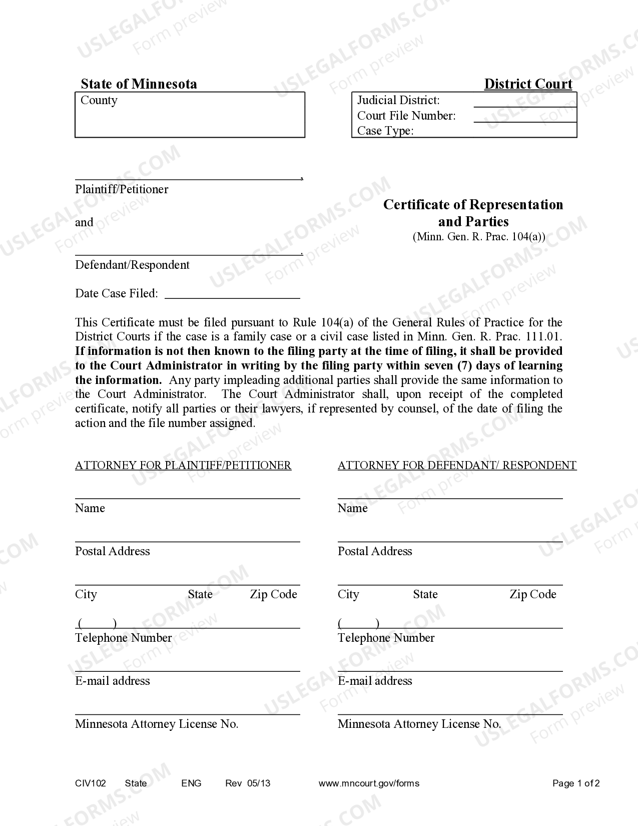 Minnesota Certificate of Representation and Parties | US Legal Forms