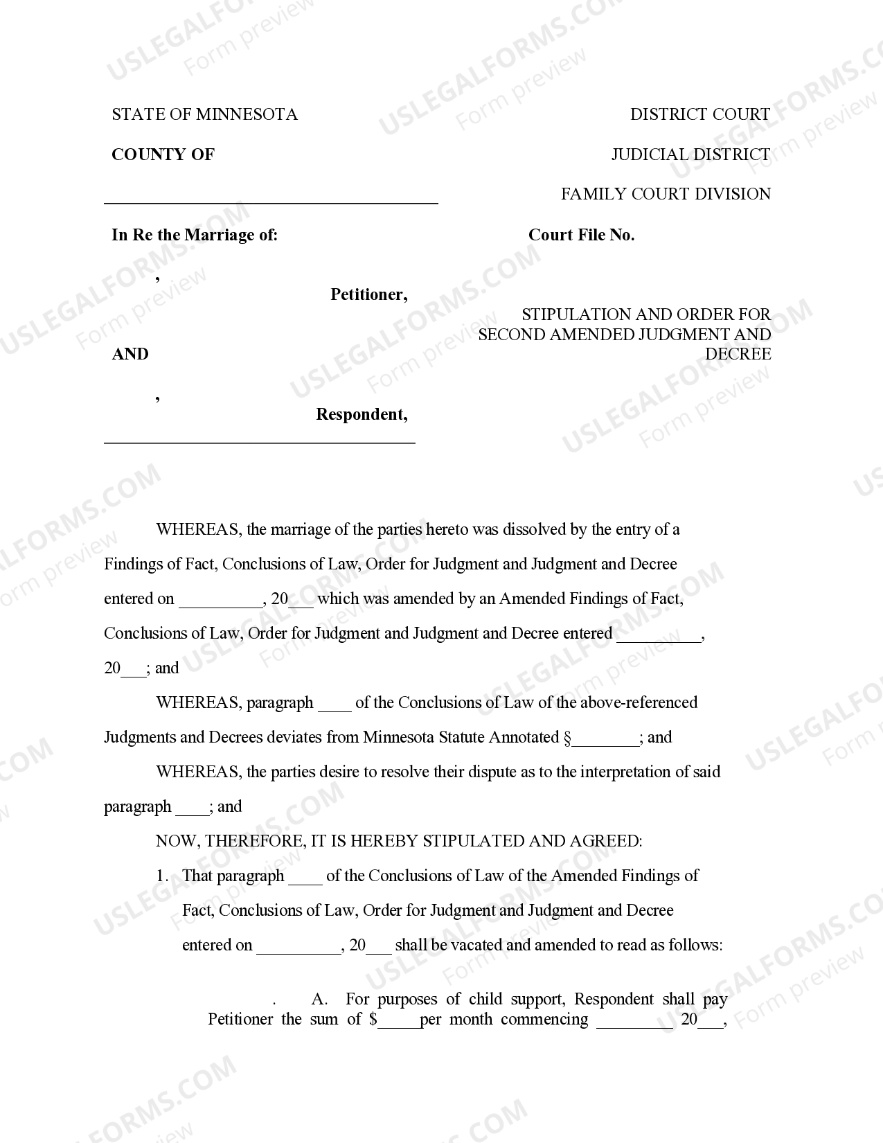 Minnesota Stipulation and Order for Second Amended Judgment and Decree | US Legal Forms