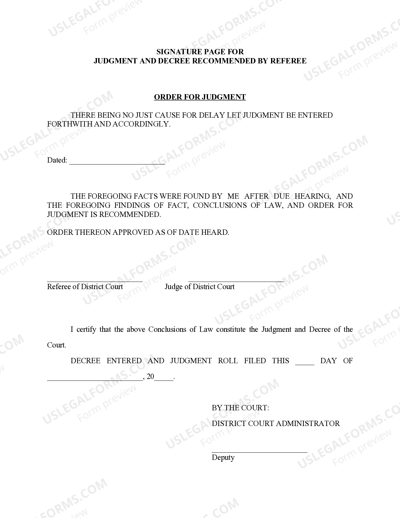 Minnesota Suggested Signature Page for Judgment and Decree Recommended By Referee | US Legal Forms