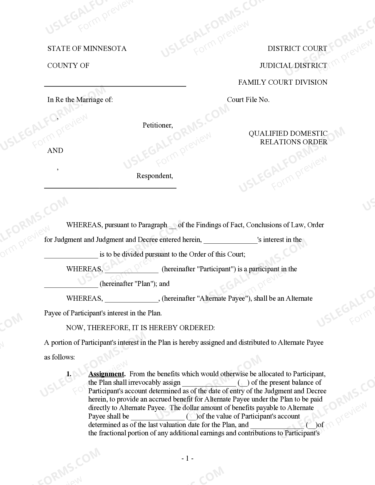 Minnesota Qualified Domestic Relations Order - Assignment of Interests ...