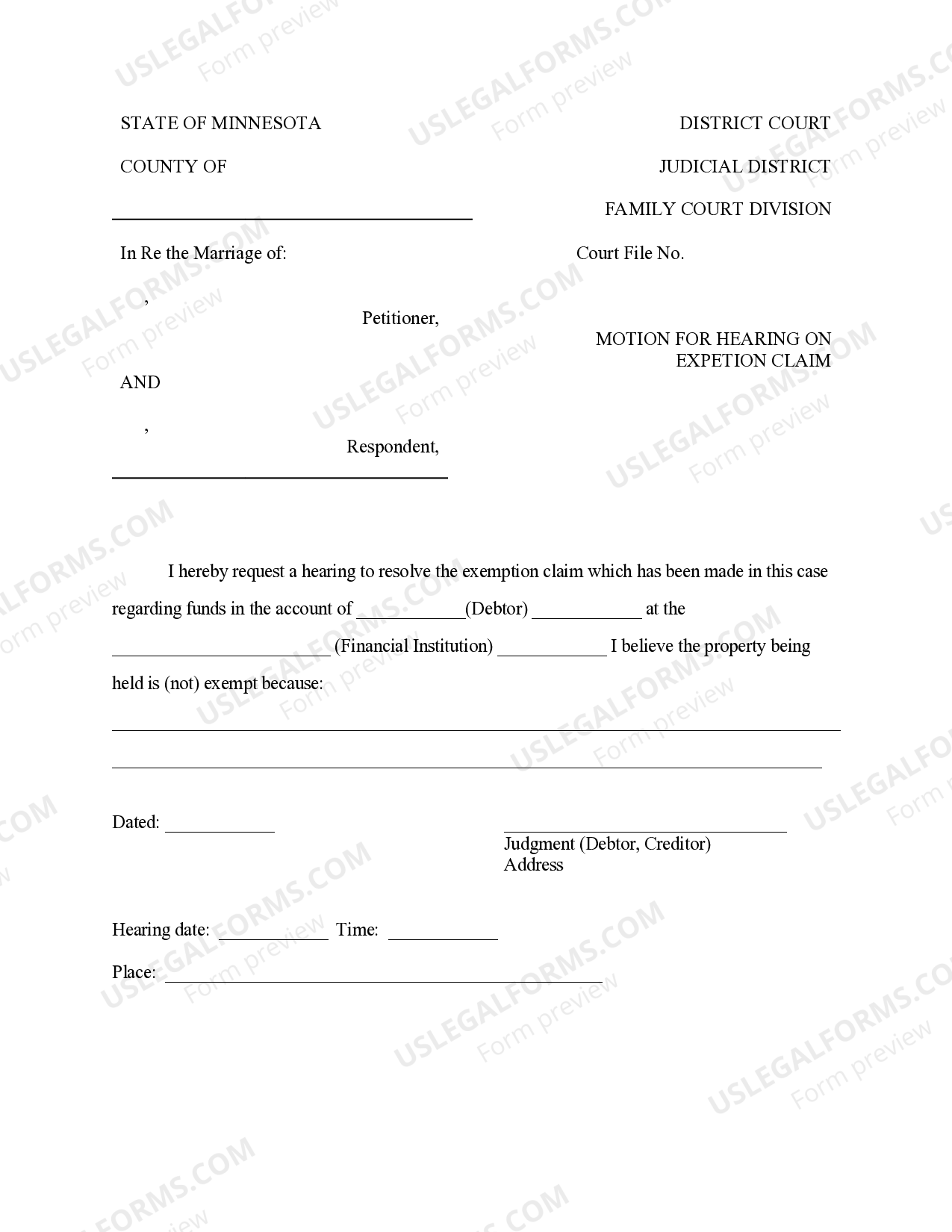 Minnesota Motion by Debtor for Hearing on Exemption Claim | US Legal Forms