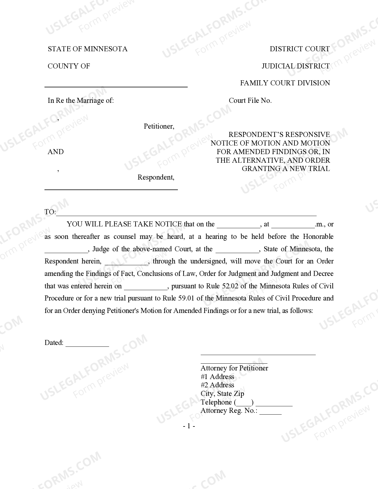 Minnesota Notice of Motion to Amend Judgment or for a New Trial - Motion For Amended Findings ...
