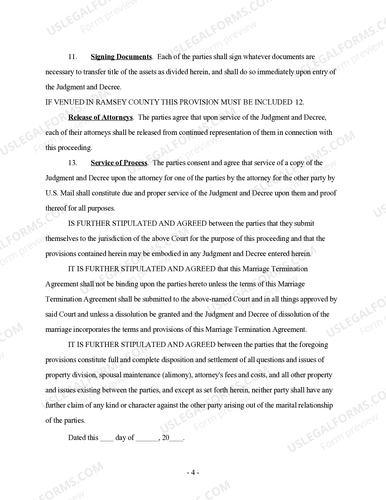 Minnesota Marriage Termination Agreement | US Legal Forms