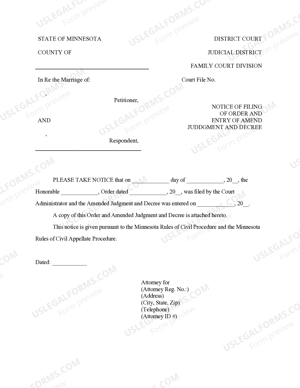 Minnesota Notice of Filing of Order and Entry of Amend Judgments and ...
