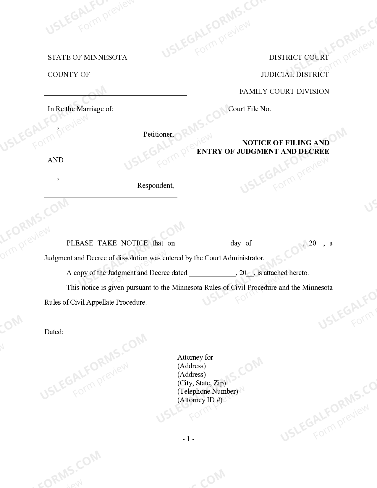 Minnesota Notice of Filing and Entry of Judgment and Decree | US Legal Forms