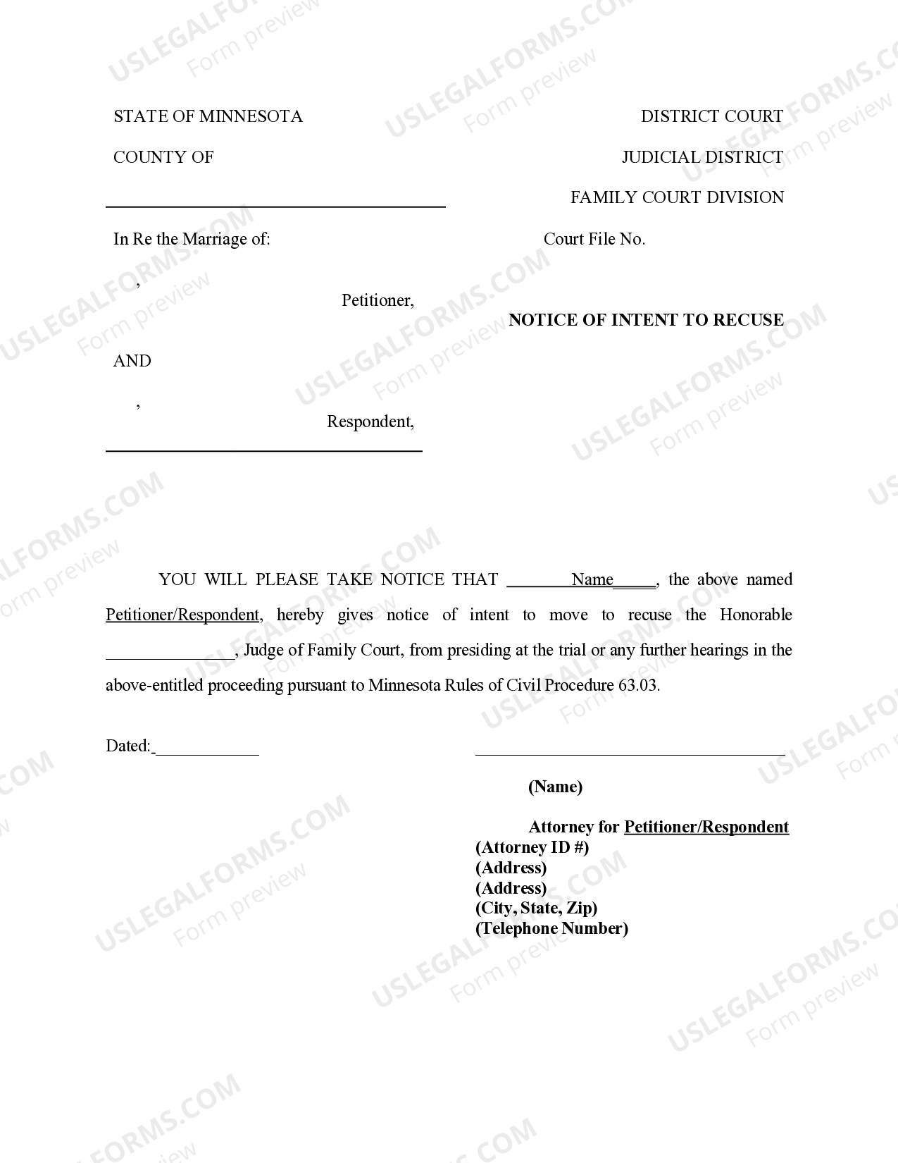 Minnesota Notice To Recuse | US Legal Forms