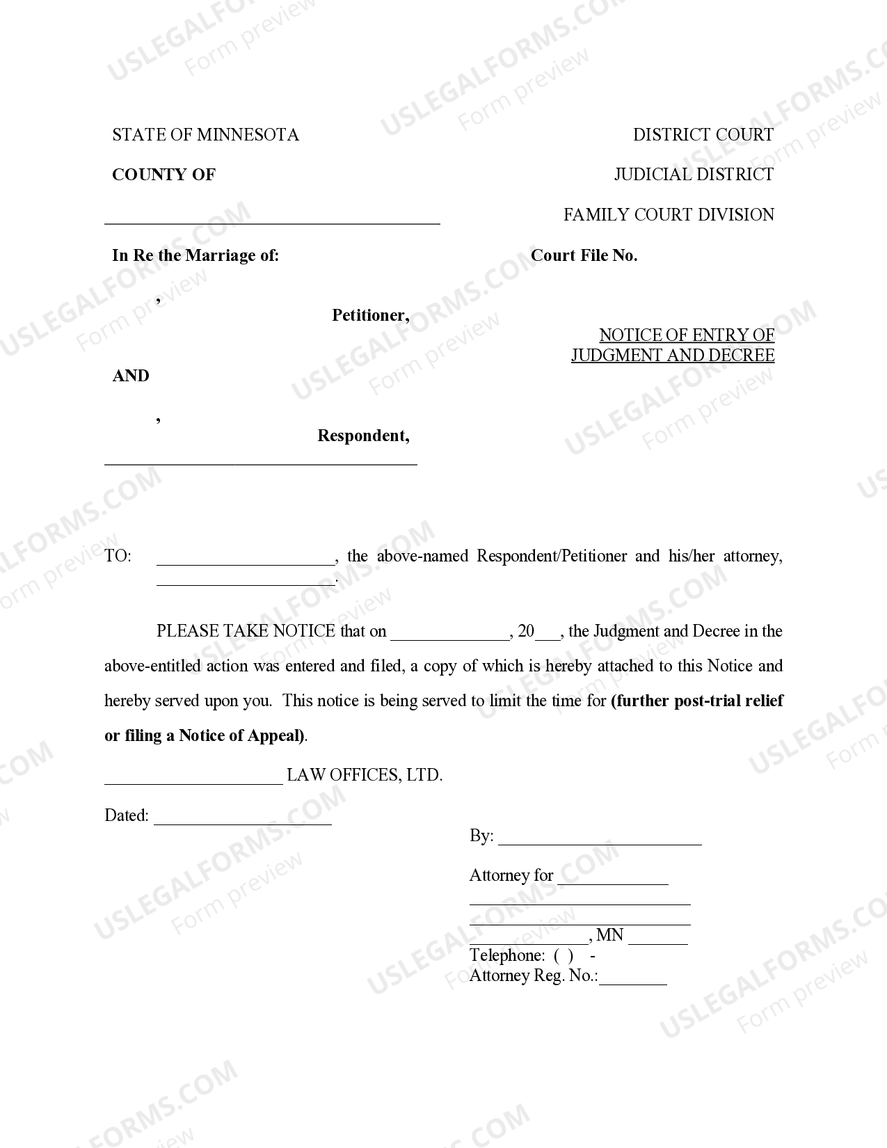 Minnesota Notice of Entry of Judgment and Decree | US Legal Forms