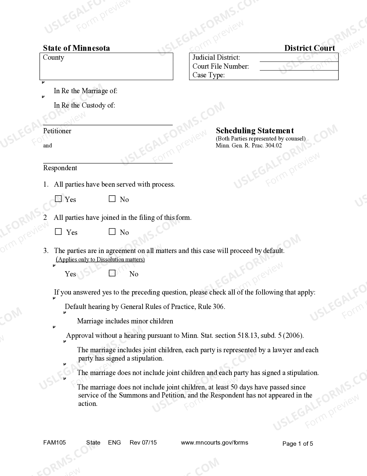 Minnesota Scheduling Information Statement for Filing with Court | US ...