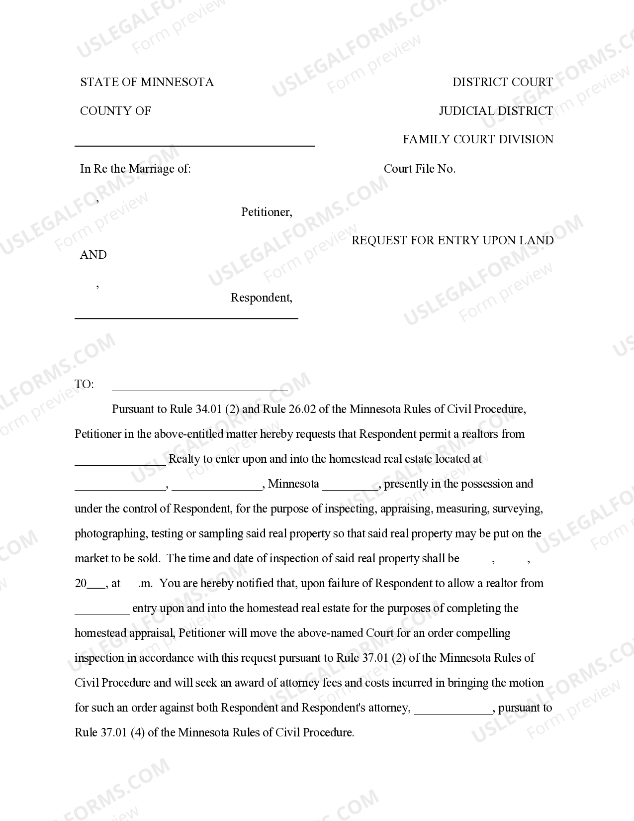 Minnesota Request for Entry Upon Land to Inspect, Appraise, etc. | US ...