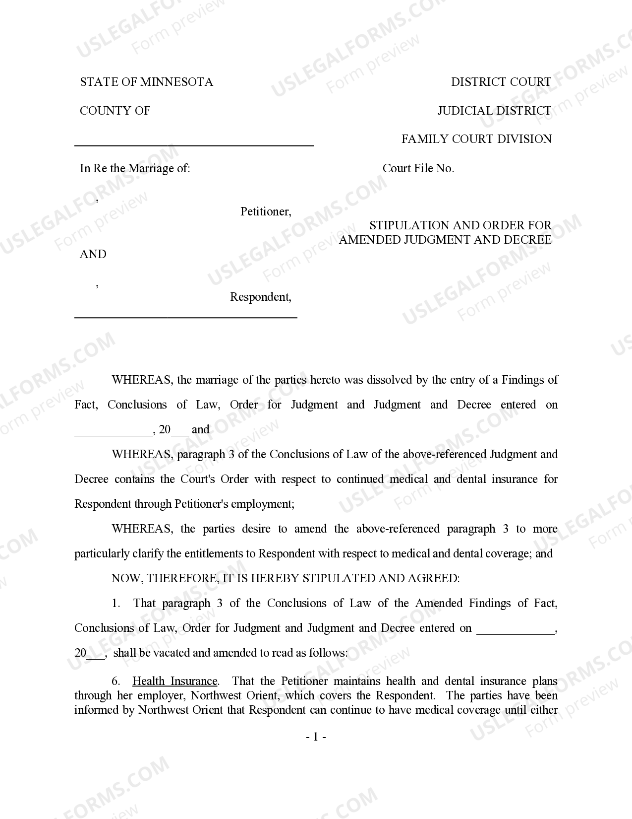 Minnesota Stipulation and Order for Amendment Judgment and Decree | US Legal Forms